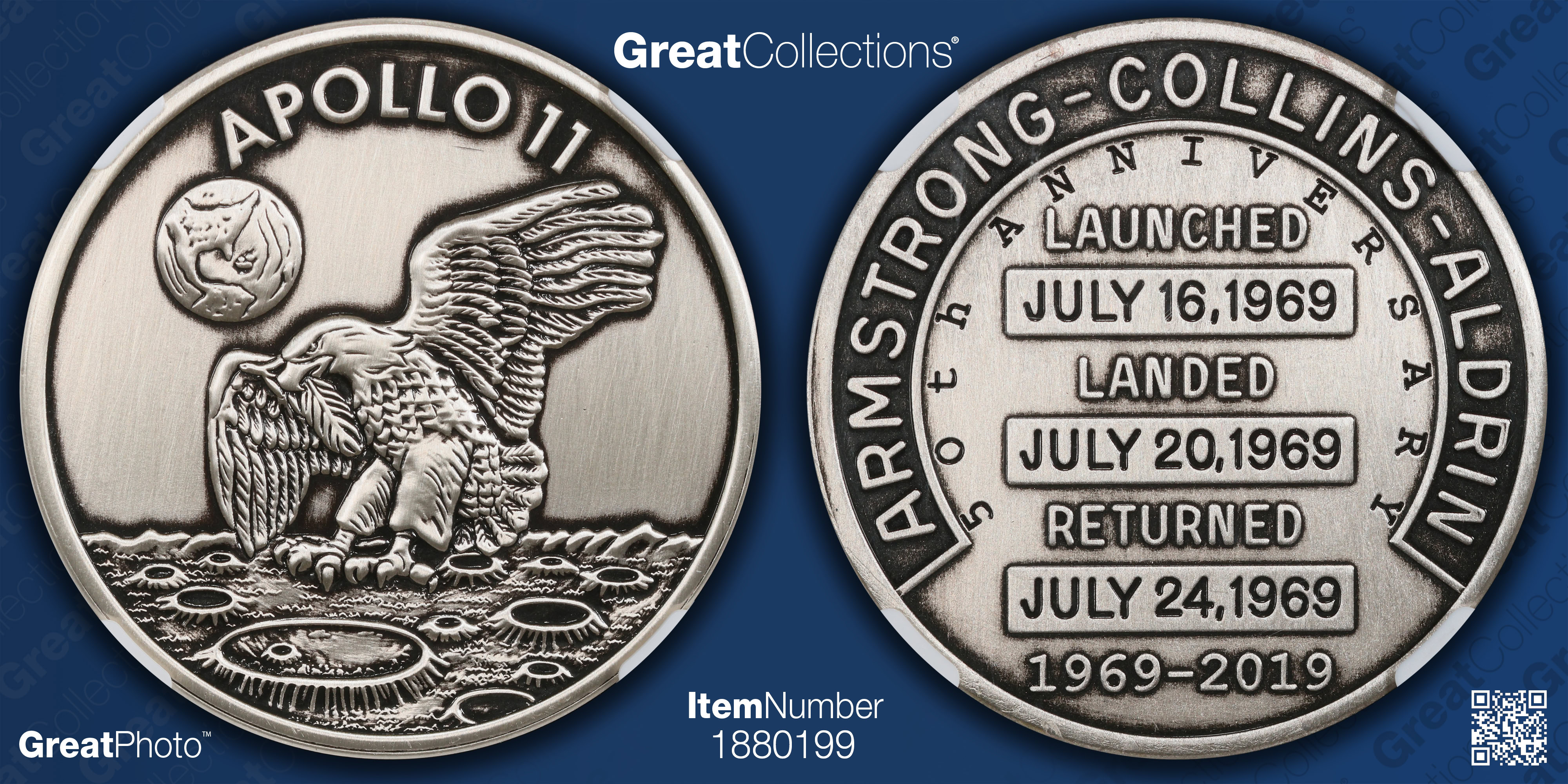 2019 Silvered 1oz Apollo 11 50th Anniversary Robbins Medal Restrike ...