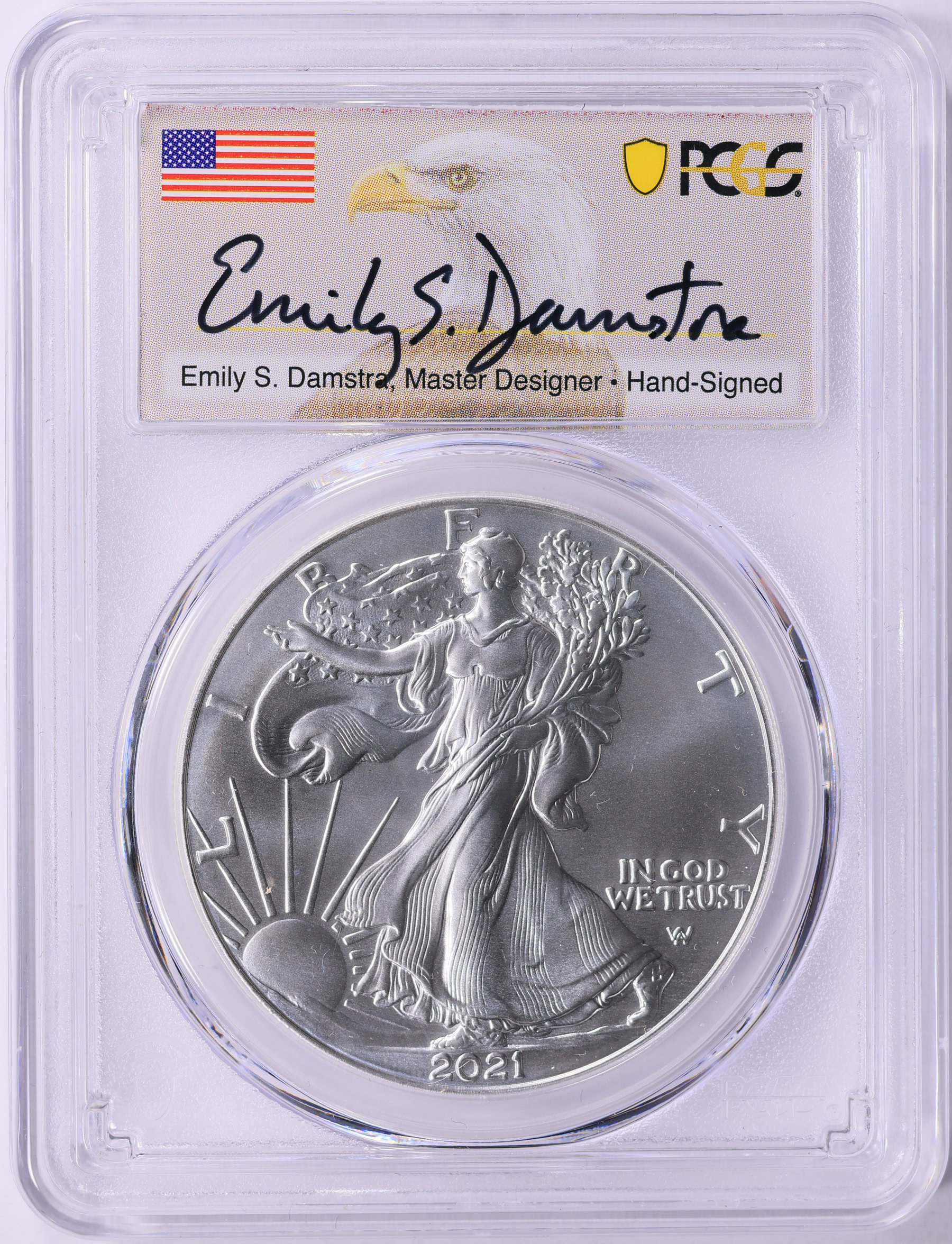 2021 $1 Silver Eagle Type 2 First Day of Production PCGS MS-70 (Emily Damstra Signed Label ...