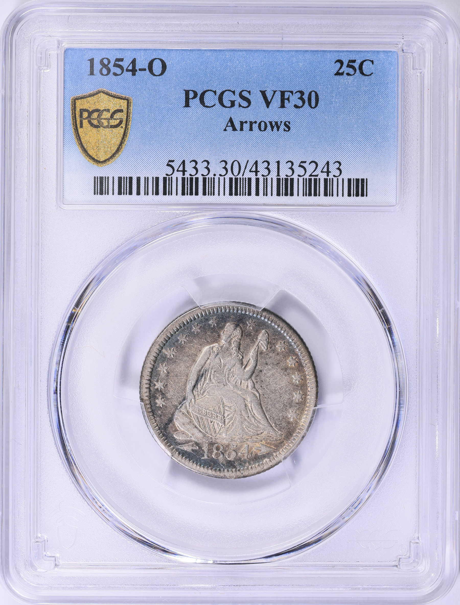 1854-O Seated Liberty Quarter Arrows PCGS VF-30 (Toned) (Item 1880585 ...