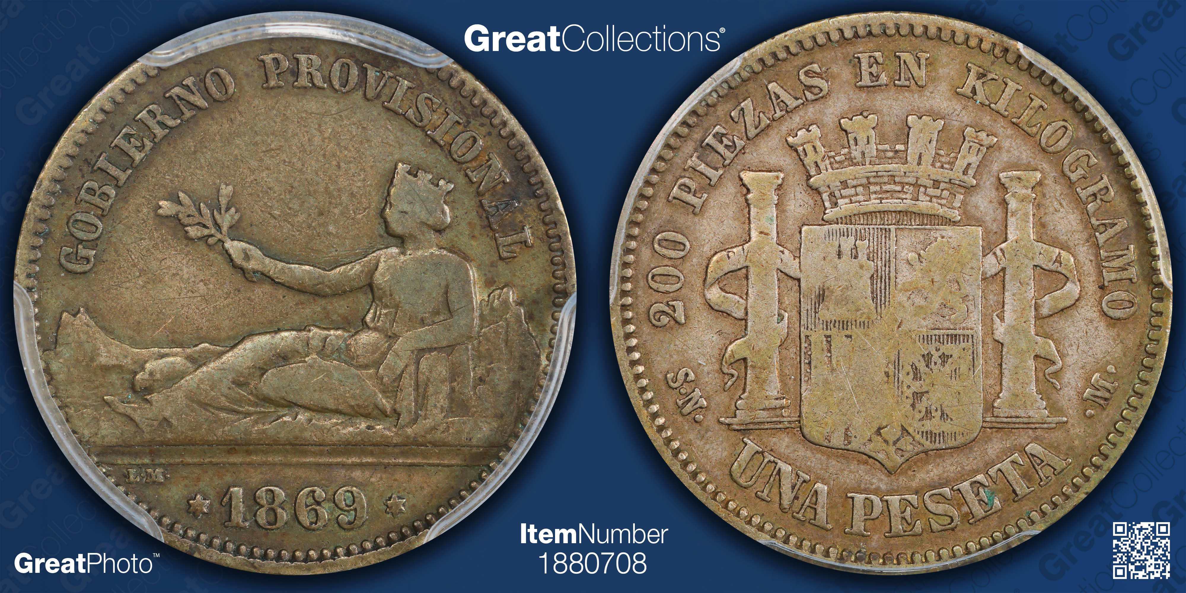 Spain 1869-SN M Silver Peseta KM-652 PCGS F-15 (Item 1880708 ...
