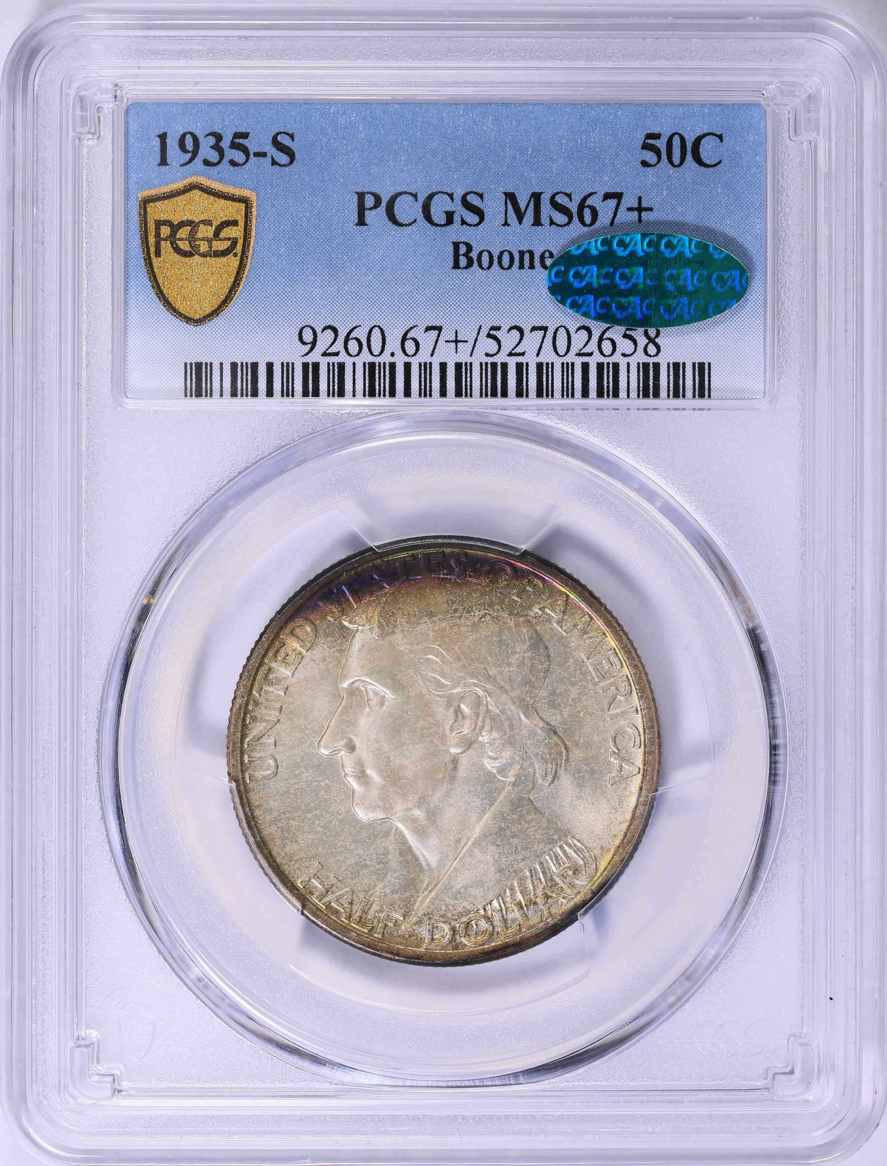 1935-S Daniel Boone Bicentennial Half Dollar PCGS MS-67+ (CAC Green) (Toned) (Item 1880793 ...