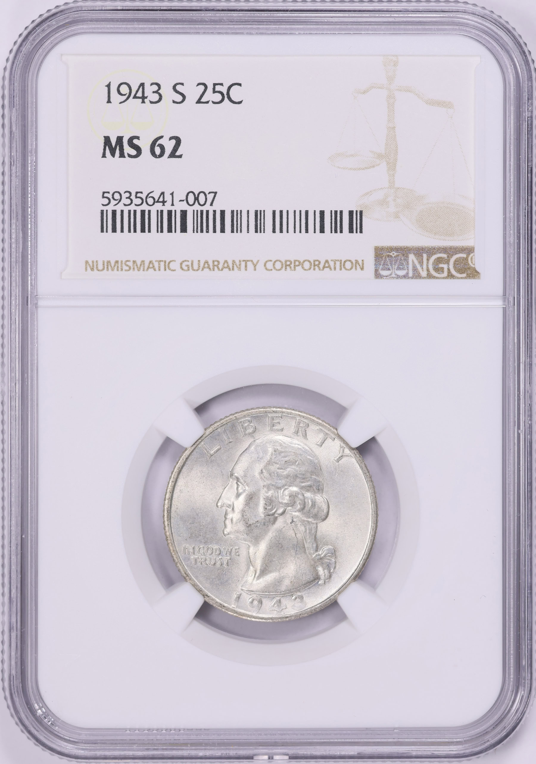 1943-S Washington Quarter NGC MS-62 (Item 1880890) | GreatCollections Coin Auctions
