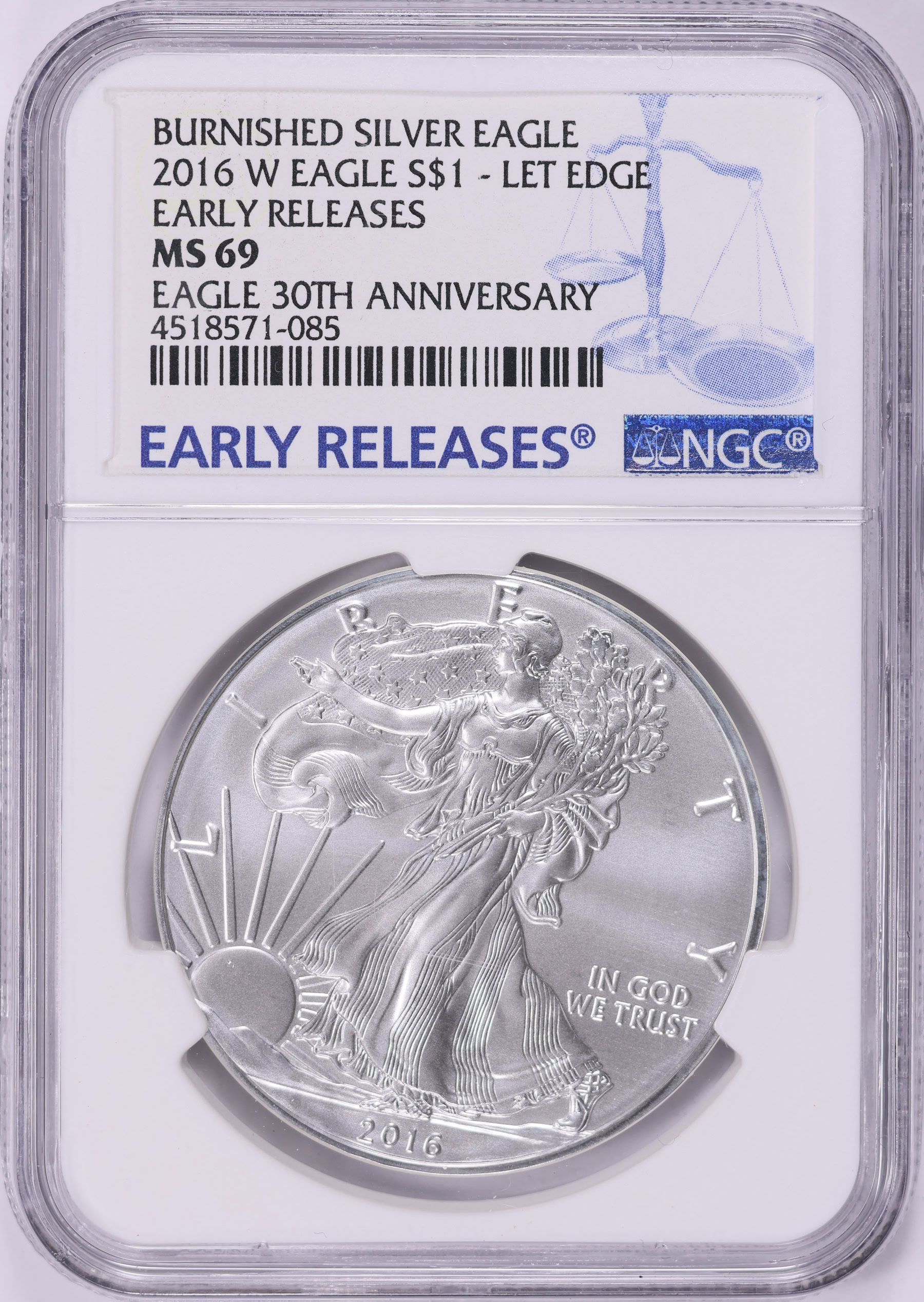 2016-W $1 Silver Eagle Burnished Lettered Edge Early Releases NGC MS-69 (Item 1880898 ...