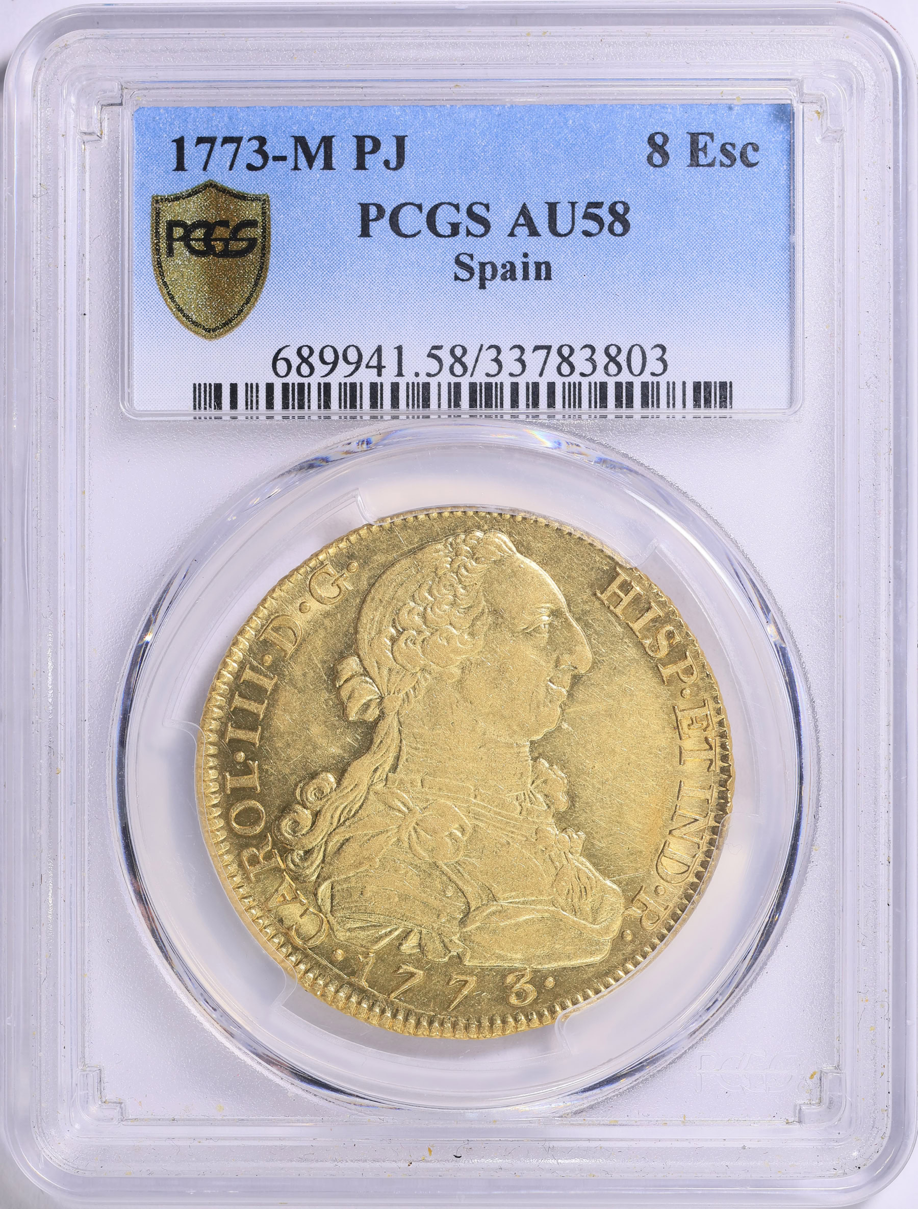 Spain 1773-M PJ Gold 8 Escudos KM-409.1 PCGS AU-58 (AGW = 0.7842 oz ...