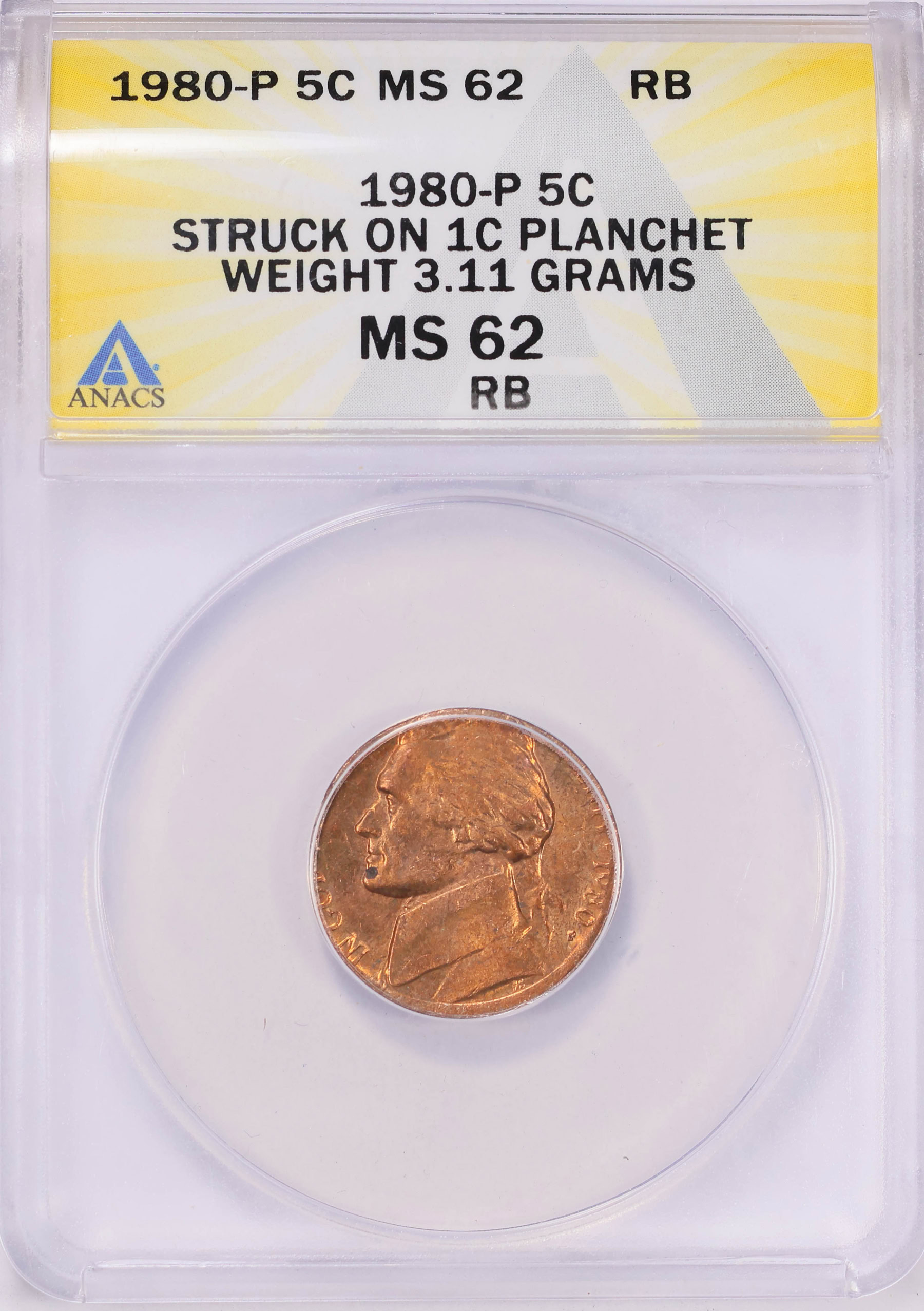 Mint Error 1980-P Jefferson Nickel Struck on 1c Planchet Weight 3.11 ...