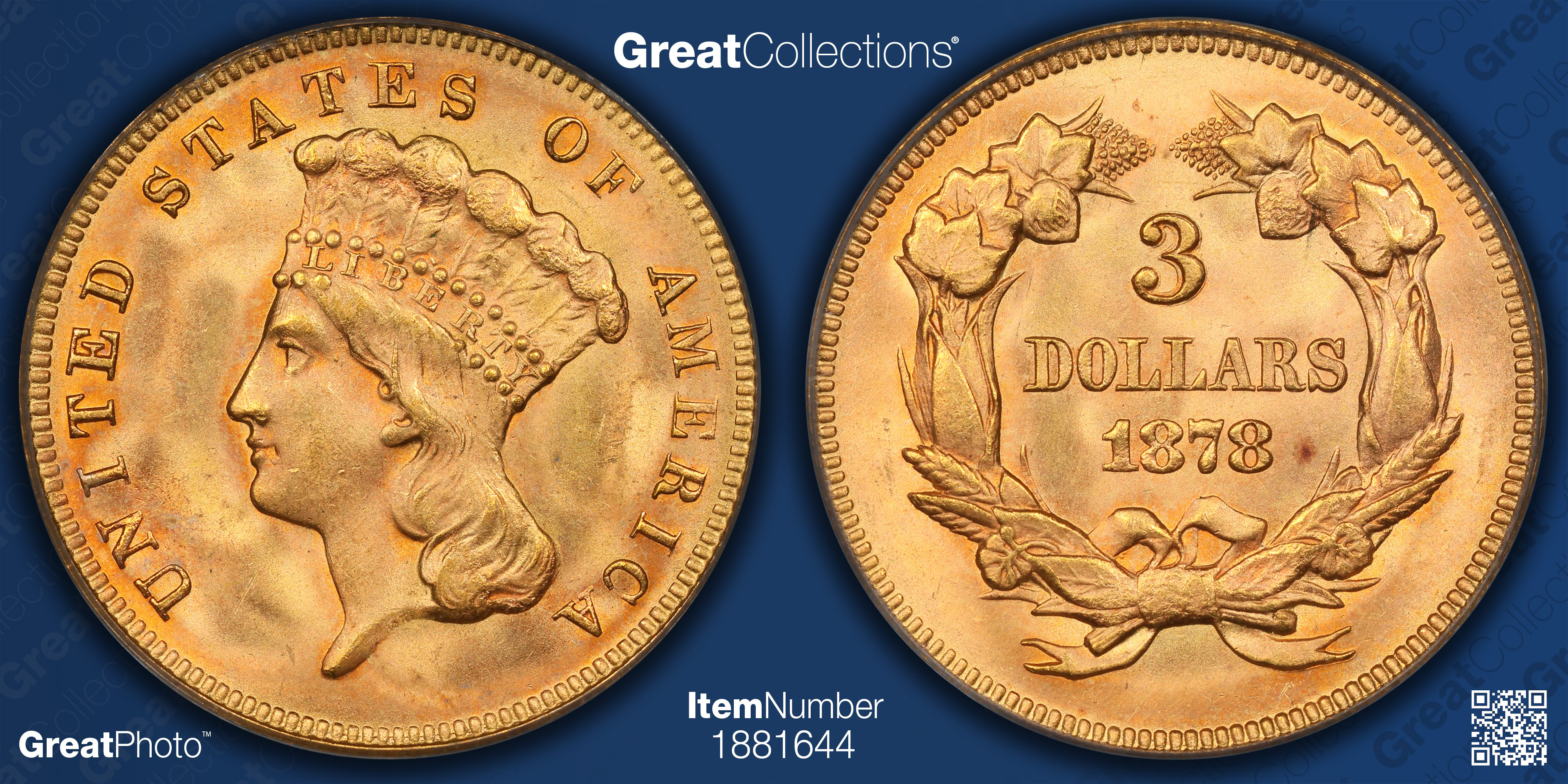 1878 Three-Dollar Gold Piece PCGS MS-65 (CAC Green) OGH (2nd Gen) (Item 1881644 ...