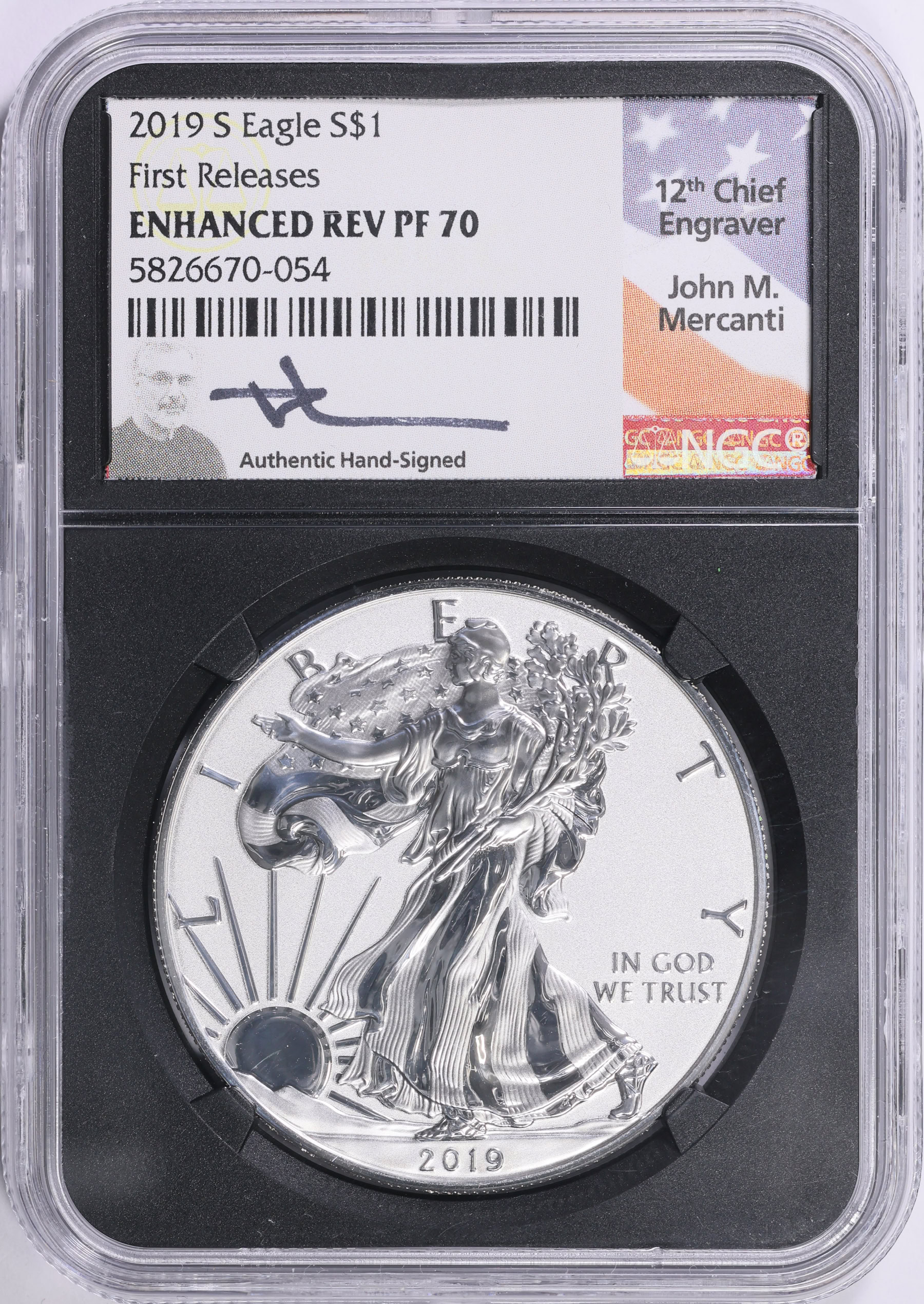 2019-S $1 Silver Eagle Enhanced Reverse Proof First Releases NGC Proof-70 (Mercanti Signed Label ...