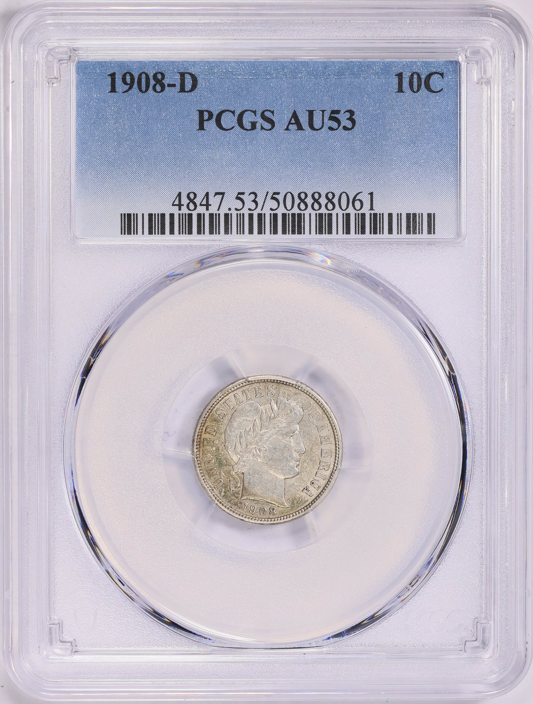 1908-D Barber Dime PCGS AU-53 (Toned) (Item 1882050) | GreatCollections Coin Auctions