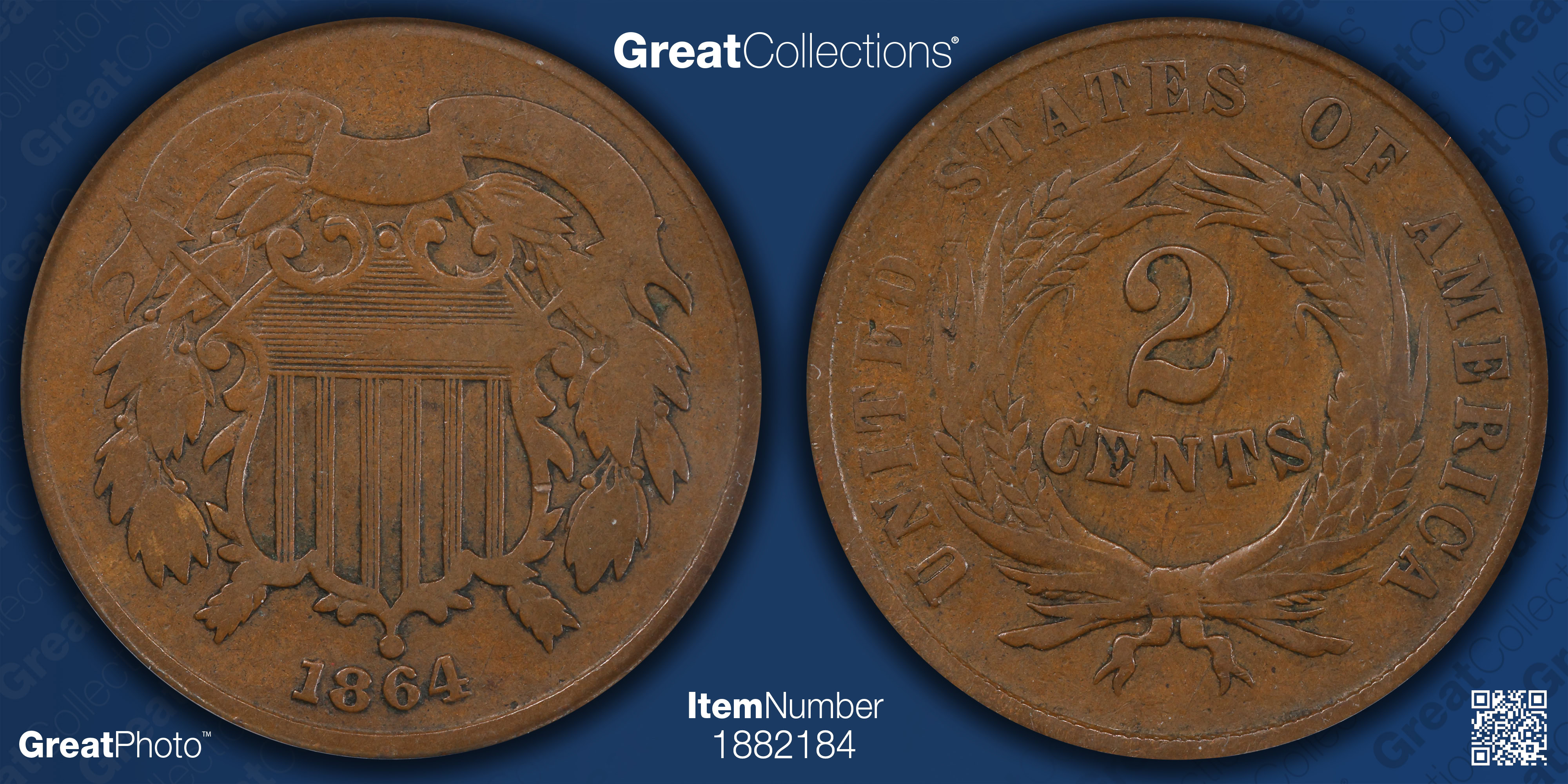 Mint Error 1864 Two-Cent Piece Large Motto Rotated Dies ANACS VG-10 ...