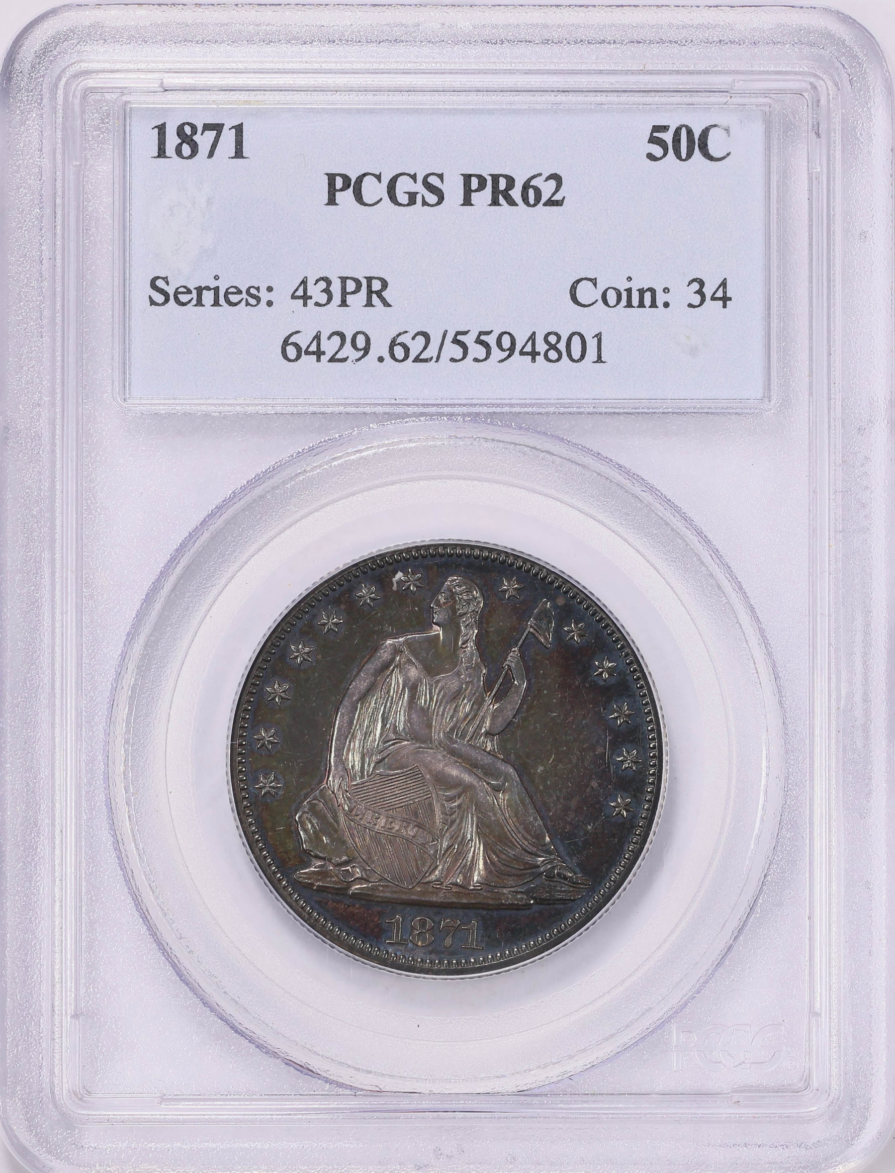 1871 Seated Liberty Half Dollar PCGS Proof-62 (Toned) (Item 1882409) | GreatCollections Coin ...