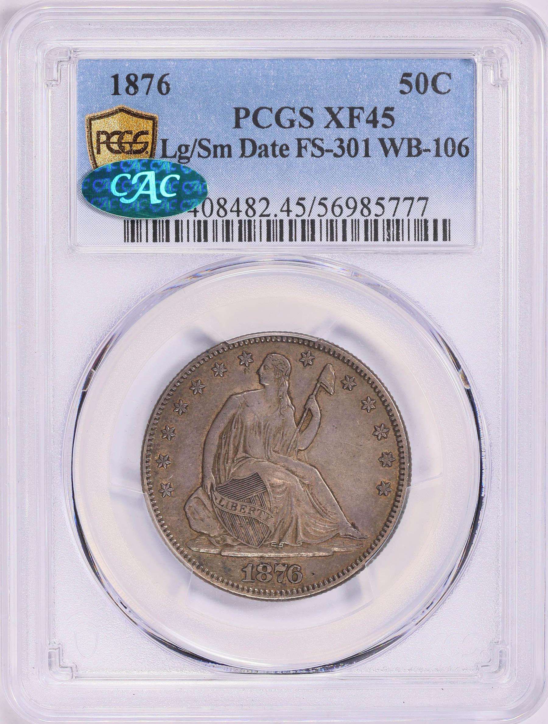 1876 Seated Liberty Half Dollar Large/Small Date FS-301 WB-106 PCGS XF-45 (CAC Green) (Item ...