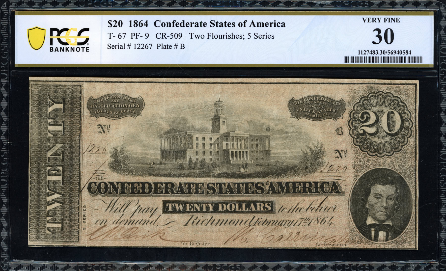 T-67 Confederate States of America 1864 $20 PCGS Banknote Very Fine 30 ...