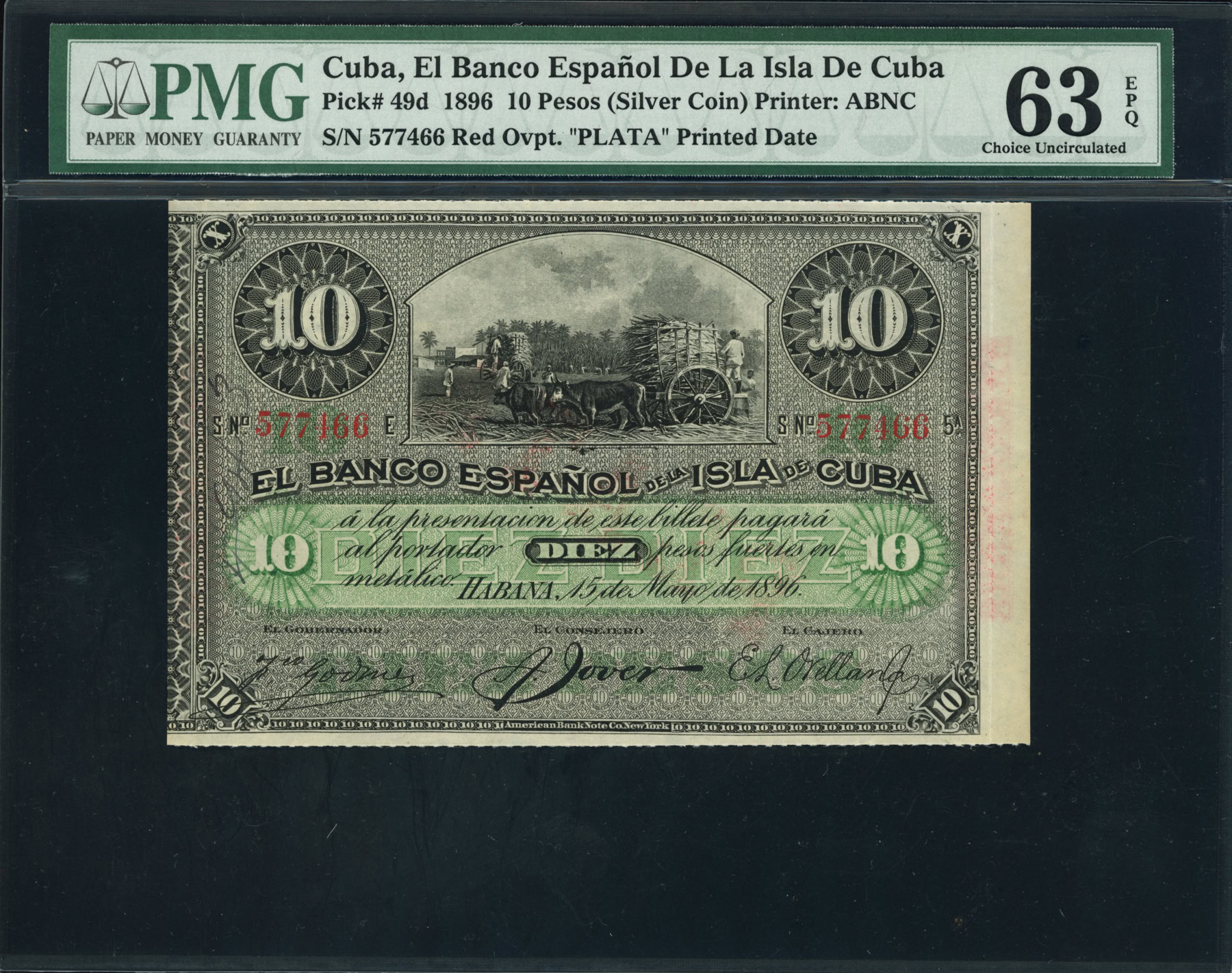 Cuba 1896 10 Pesos. El Banco Espanol de la Isla de Cuba Note SCWPM-49d ...