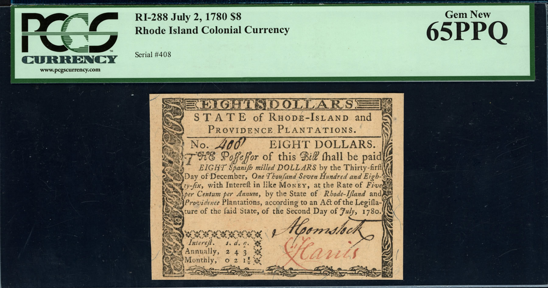 Fr. RI-288 July 2, 1780 $8 Rhode Island Colonial Note PCGS Currency Gem ...