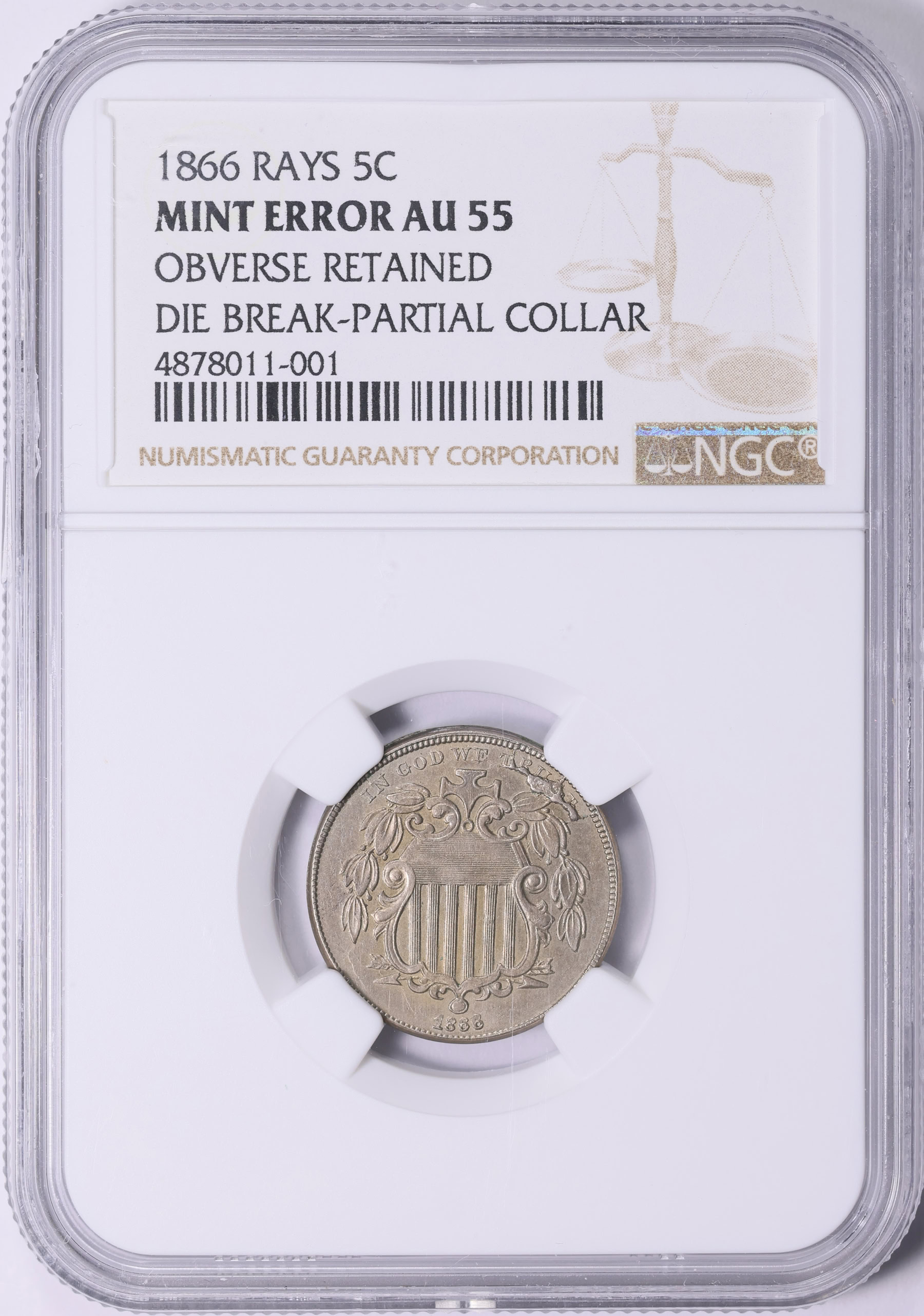 Mint Error 1866 Shield Nickel Rays Obverse Retained Die Break-Partial ...