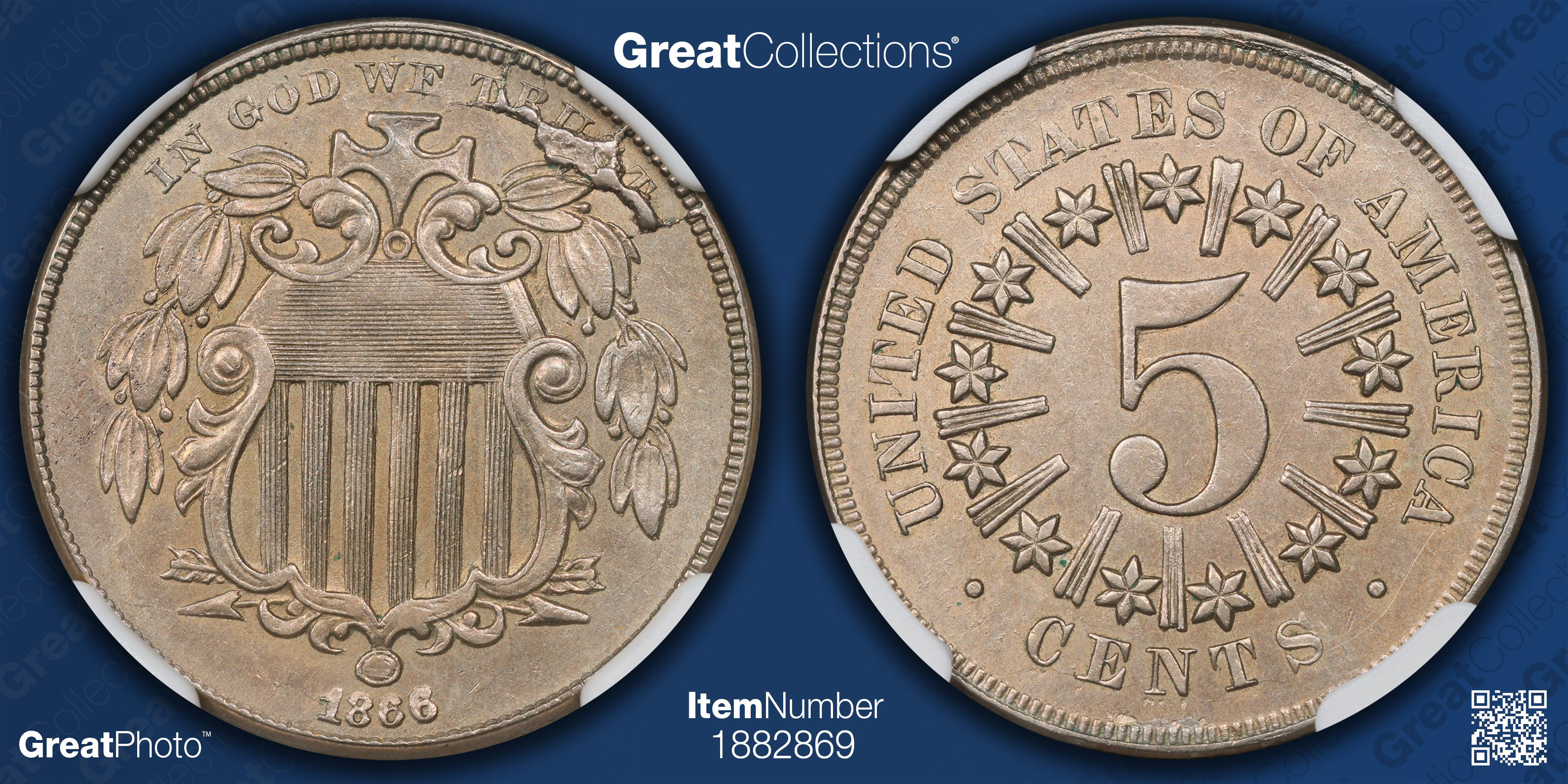 Mint Error 1866 Shield Nickel Rays Obverse Retained Die Break-Partial ...