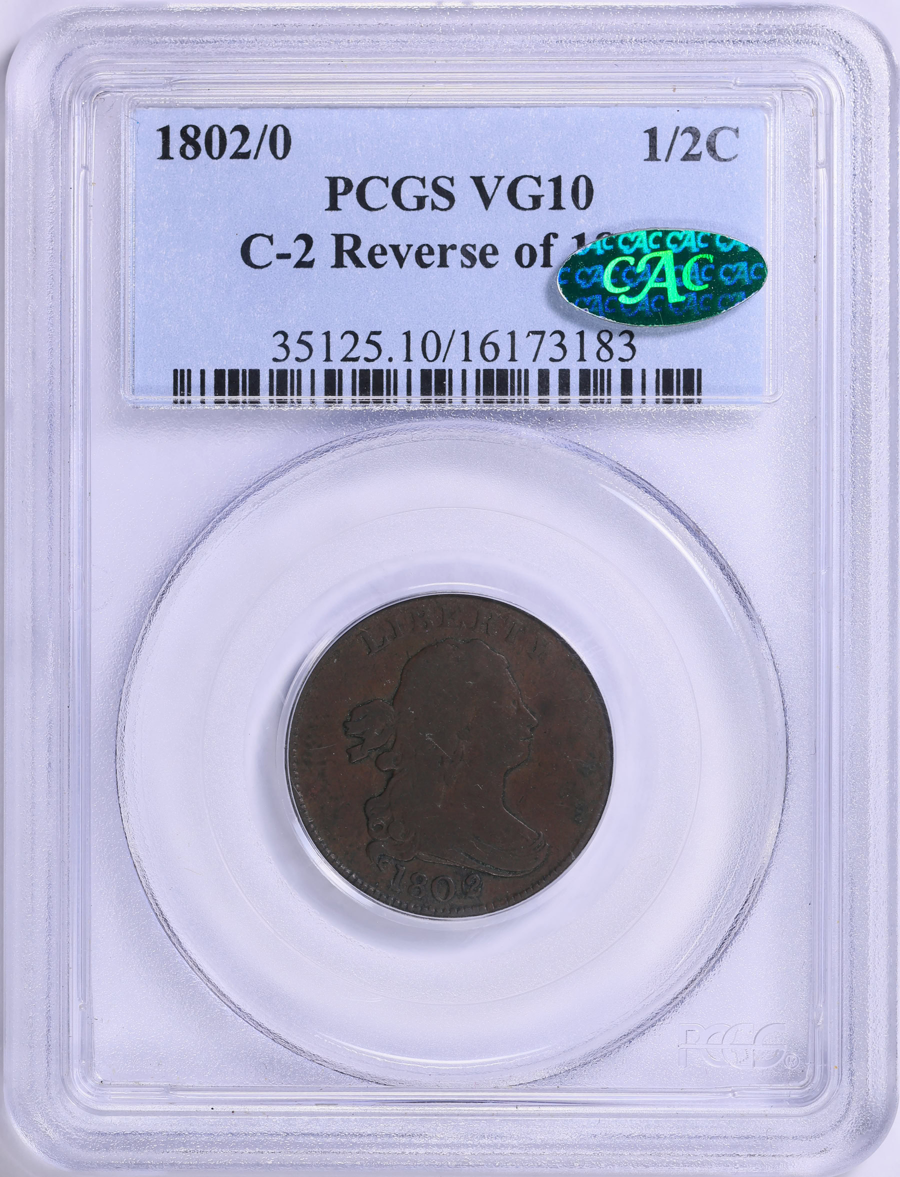 1802/0 Draped Bust Half Cent Reverse of 1802 Cohen 2 PCGS VG-10 BN (CAC ...