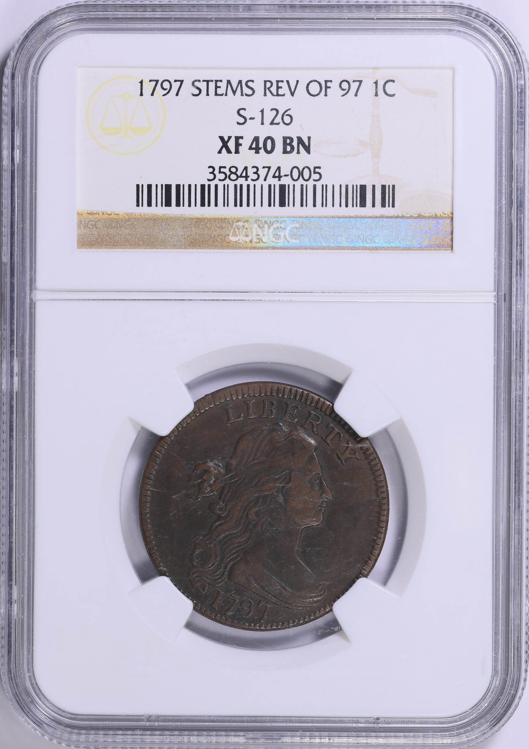 1797 Draped Bust Cent Reverse of '97, Stems Sheldon 126 NGC XF-40 BN ...