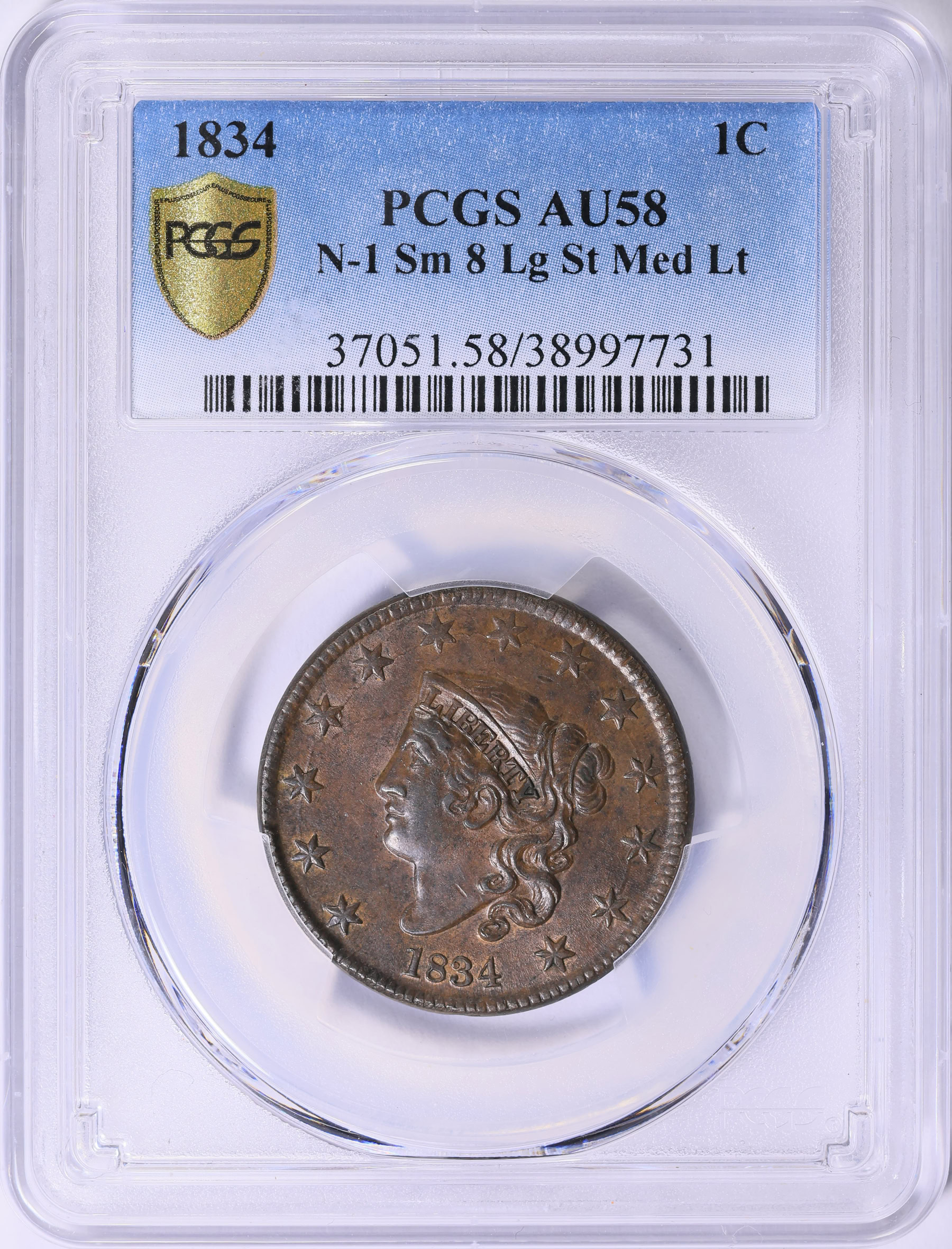 1834 Matron Cent Small 8, Newcomb 1 PCGS AU-58 BN (Item 1882963) | GreatCollections Coin Auctions