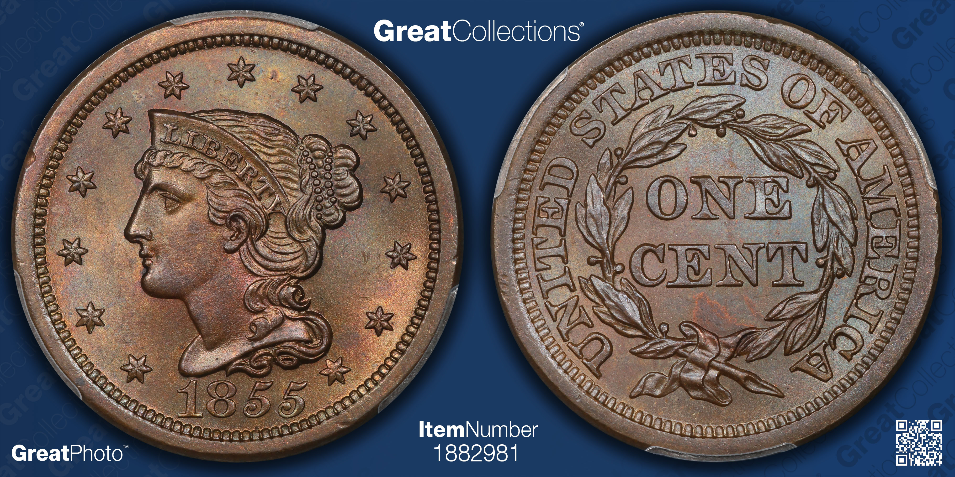 1855 Braided Hair Cent Slanted 55 PCGS MS-64 BN (Item 1882981 ...