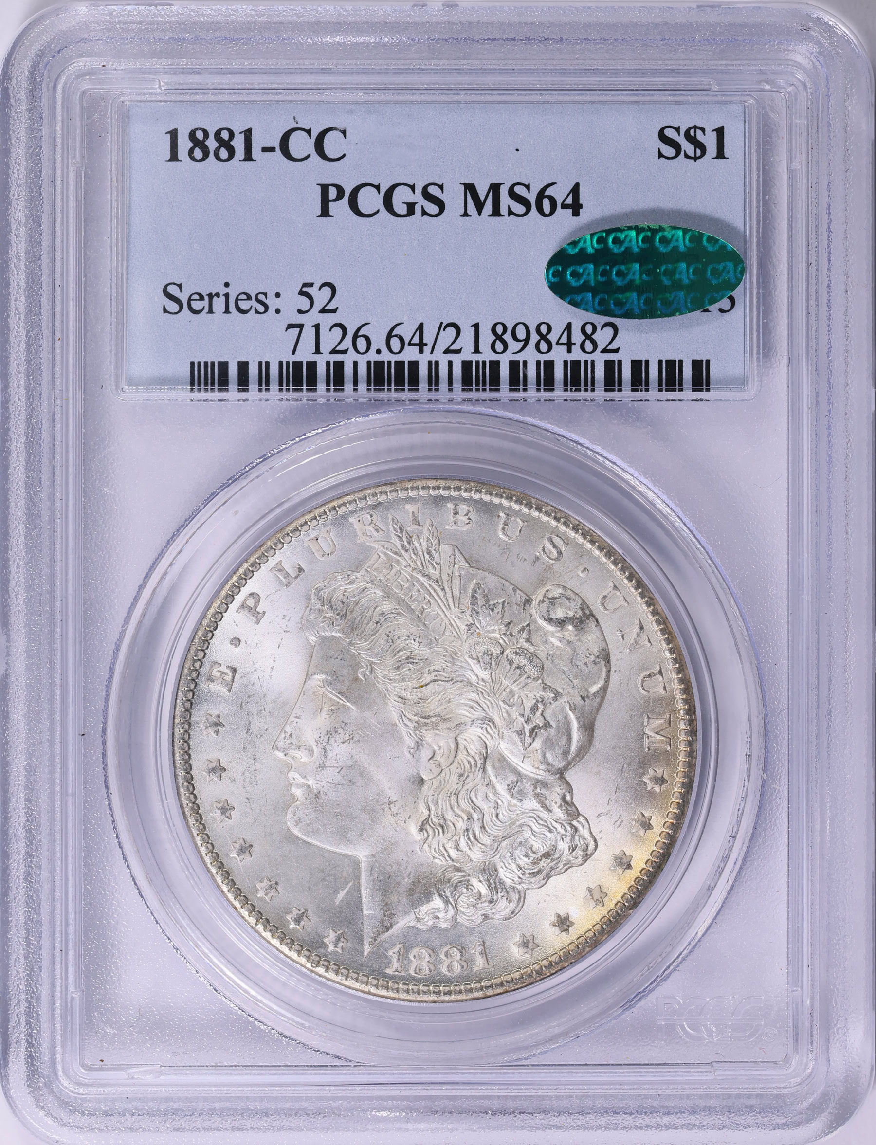 1881-CC Morgan Silver Dollar PCGS MS-64 (CAC Green) (Toned) (Item 1883071) | GreatCollections ...