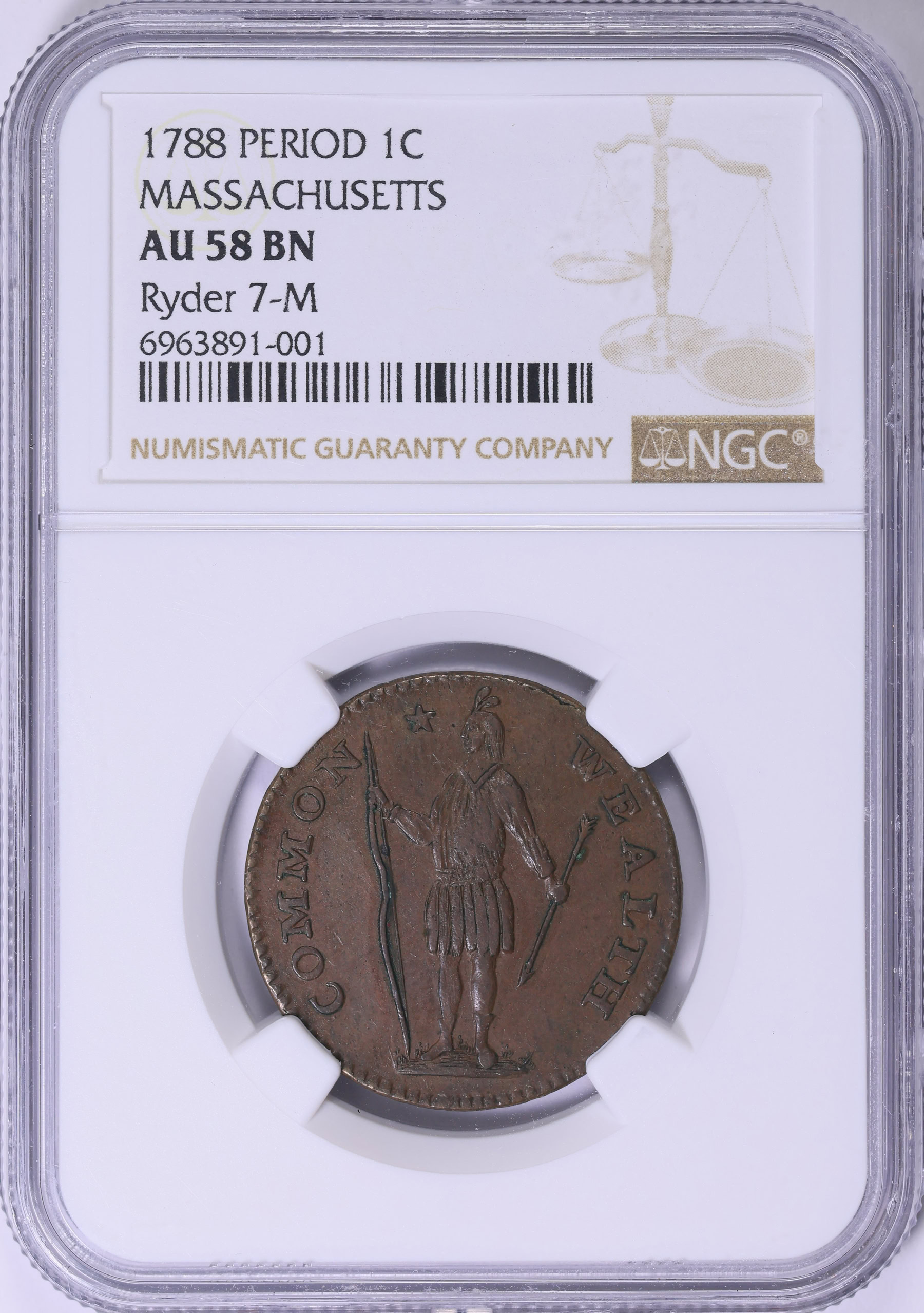 1788 Massachusetts Copper (Official) Period Ryder 7-M NGC AU-58 BN ...