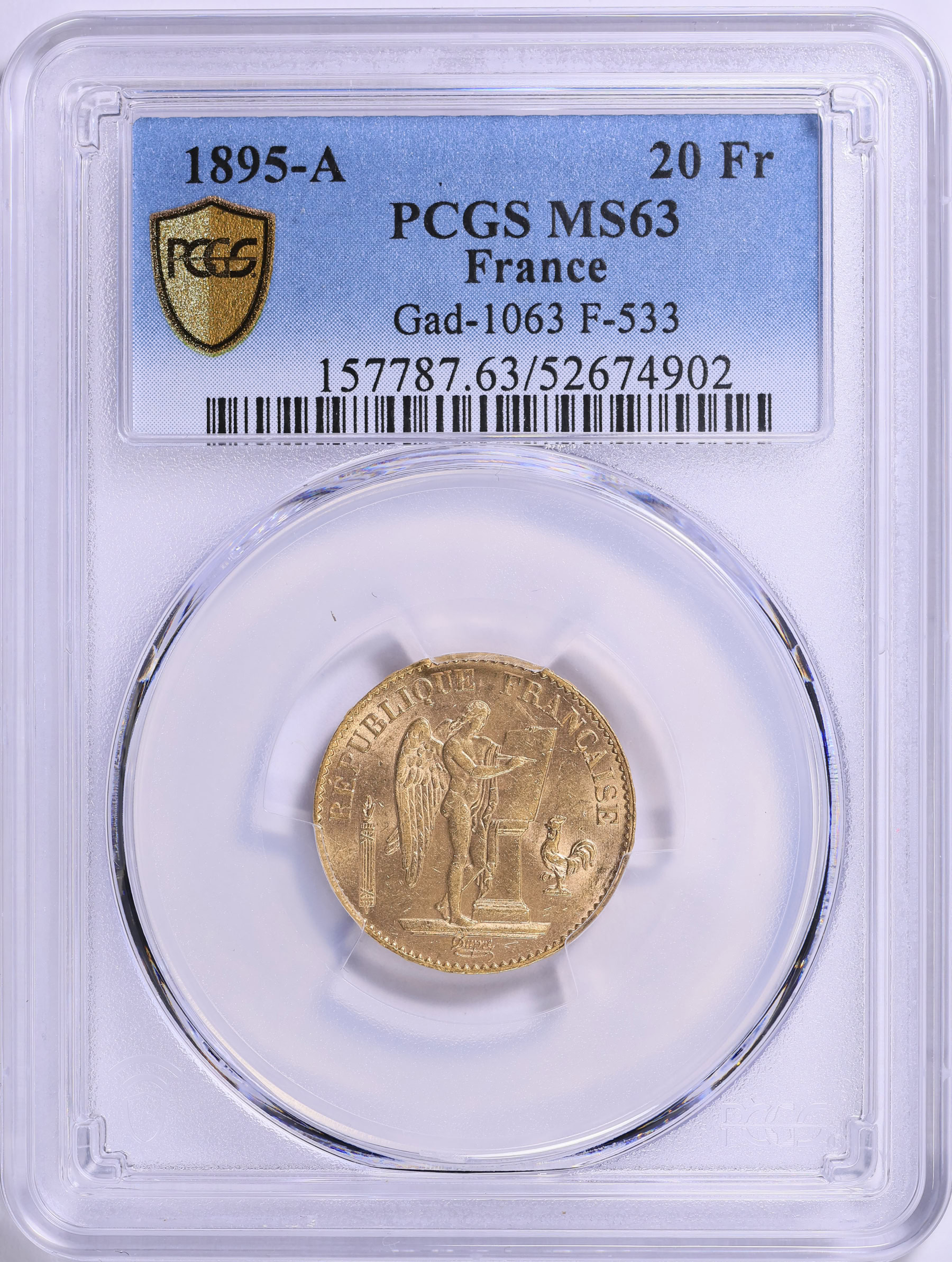 France 1895-A Gold 20 Francs KM-825 PCGS MS-63 (AGW = 0.1867 Oz.) (Item 1883534 ...