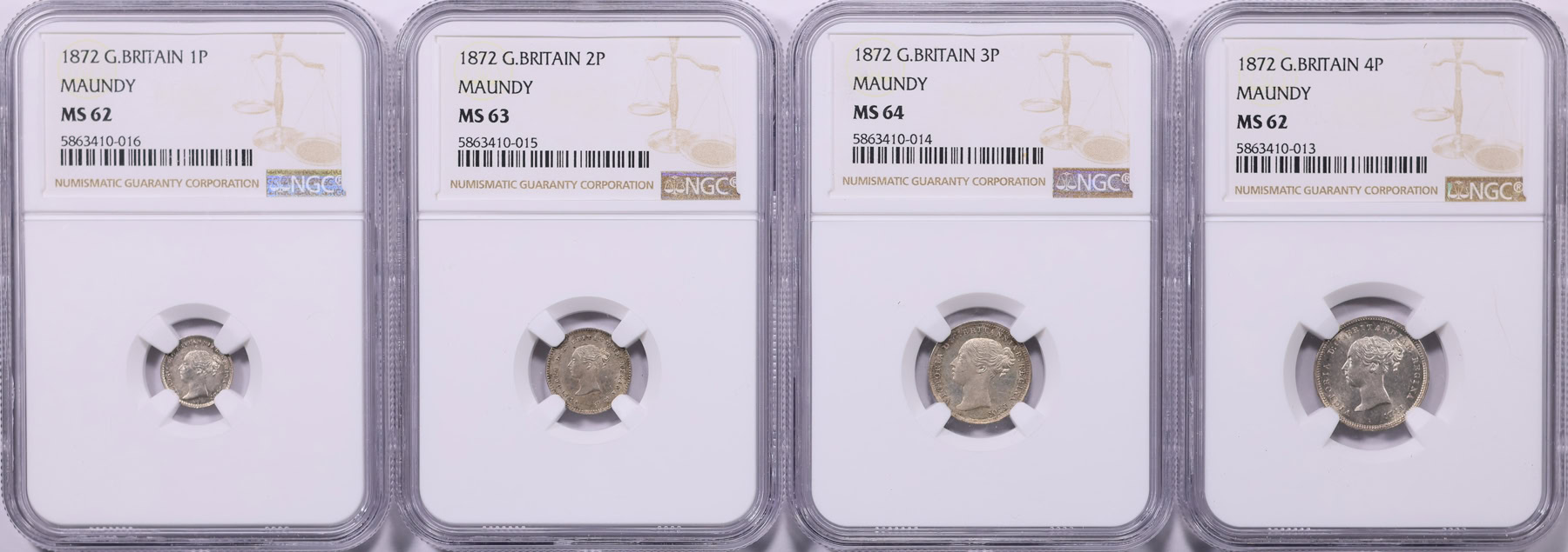 Great Britain 1872 Silver 1p, 2p, 3p & 4p Maundy Set KM-MDS125 NGC MS ...