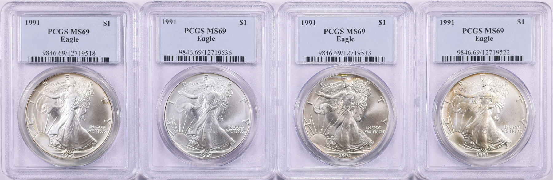 1991 $1 Silver Eagle PCGS MS-69 (4 Coins) (Toned) (Item 1884452) | GreatCollections Coin Auctions