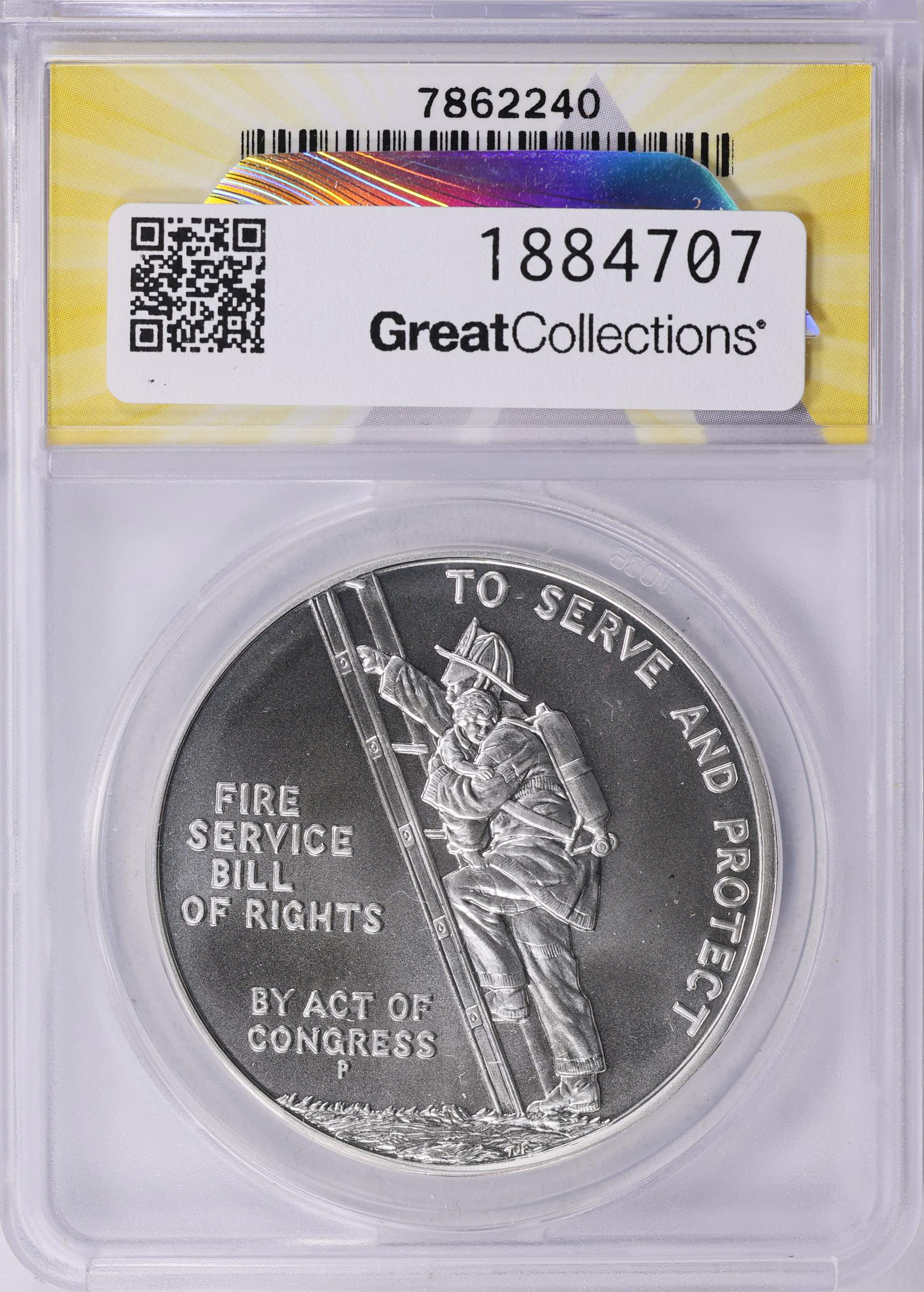 (1992)-P Benjamin Franklin Fire Service Silver U.S. Mint Medal ANACS MS ...