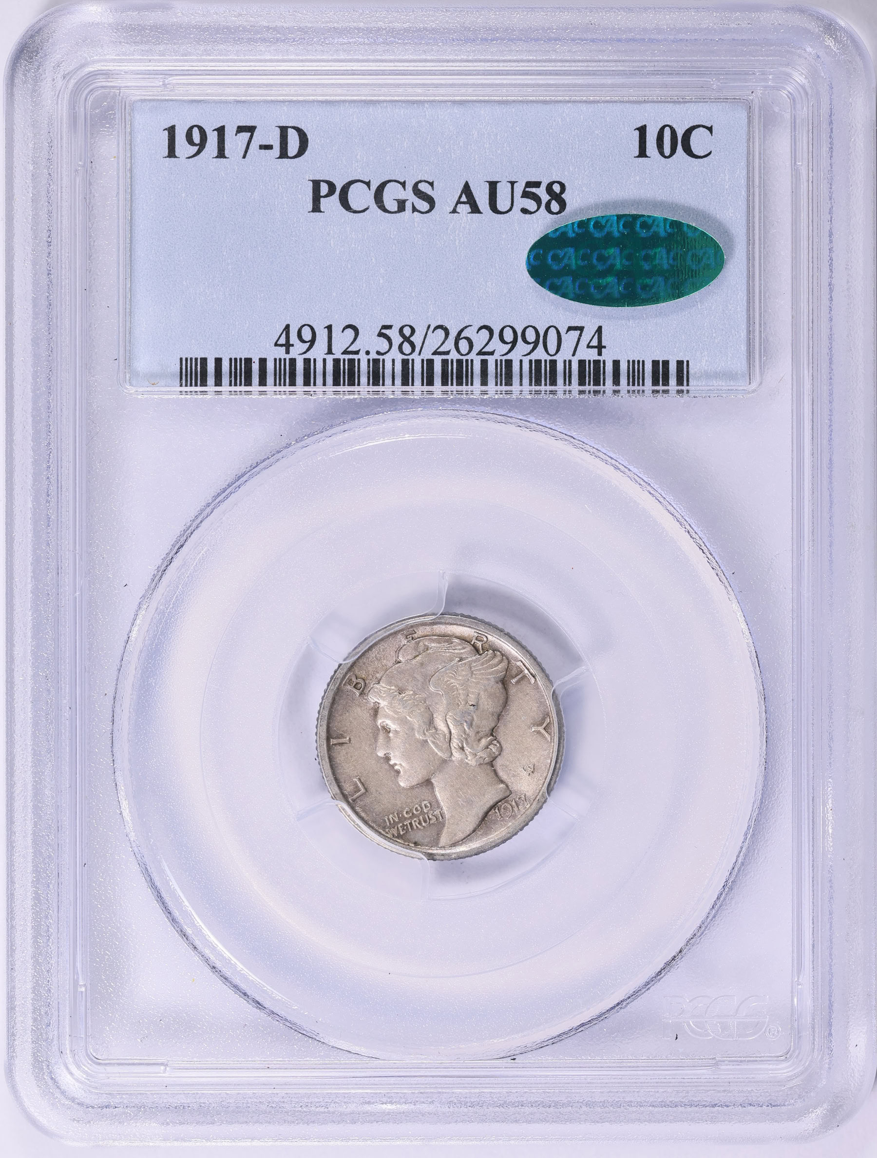 1917-D Mercury Dime PCGS AU-58 (CAC Green) (Item 1884737) | GreatCollections Coin Auctions