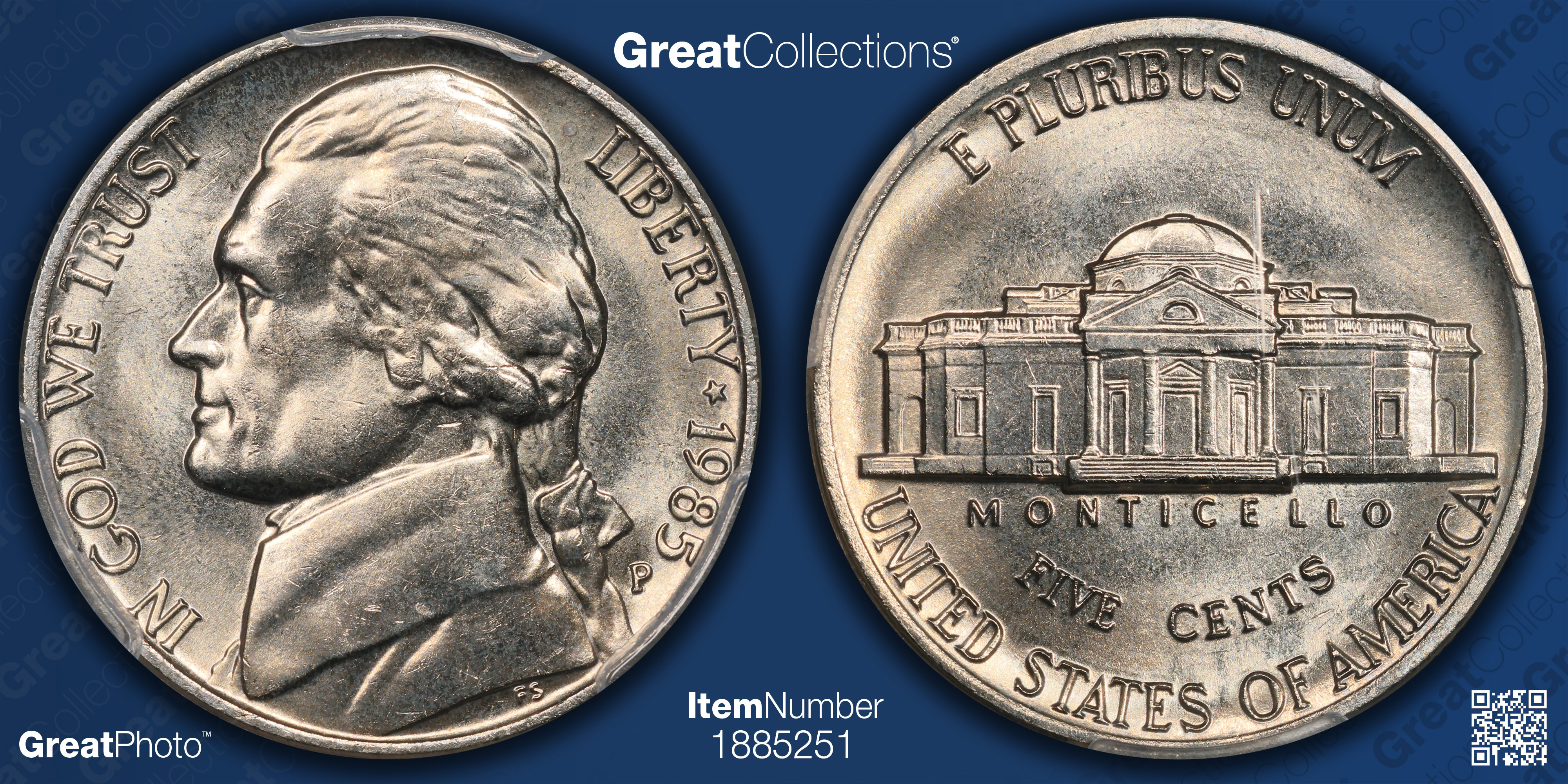 1985-P Jefferson Nickel PCGS MS-65 FS (Item 1885251) | GreatCollections ...