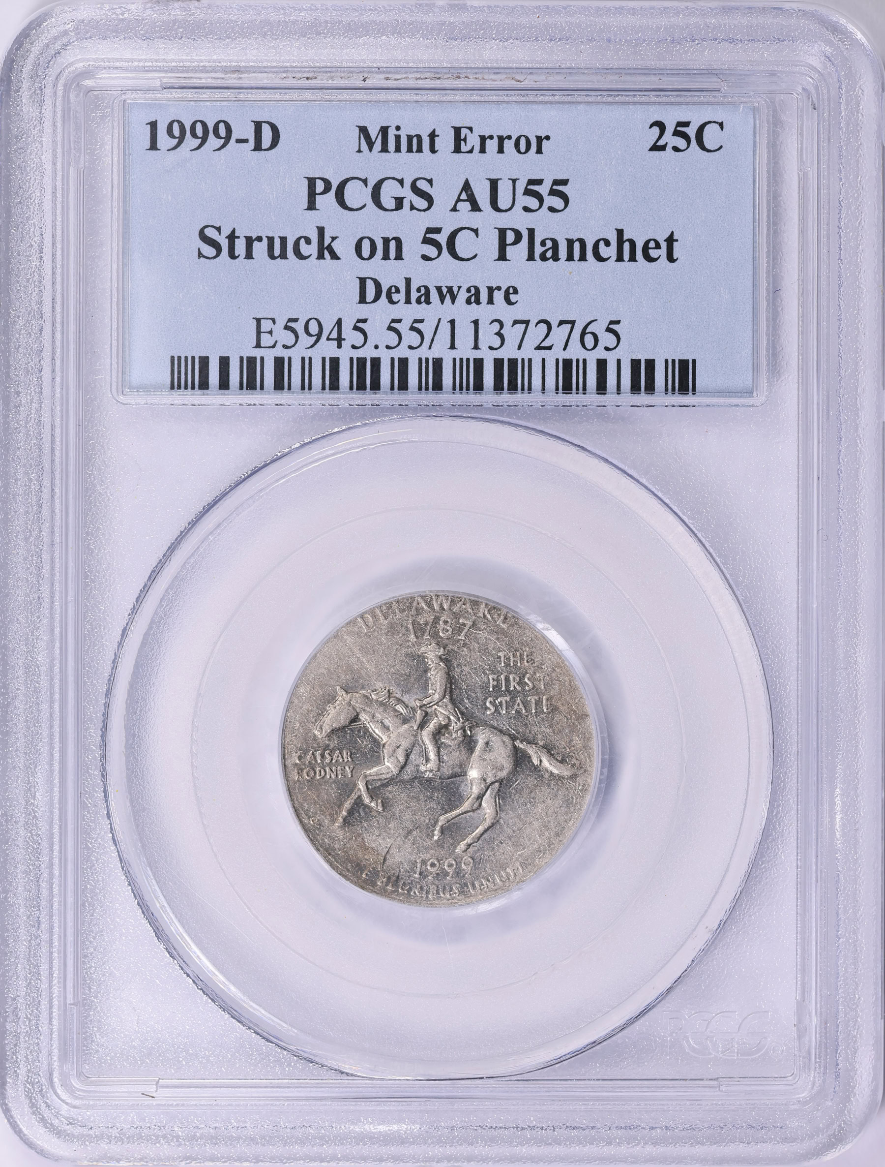 Mint Error 1999-D State Quarter Delaware Struck in 5c Planchet PCGS AU ...