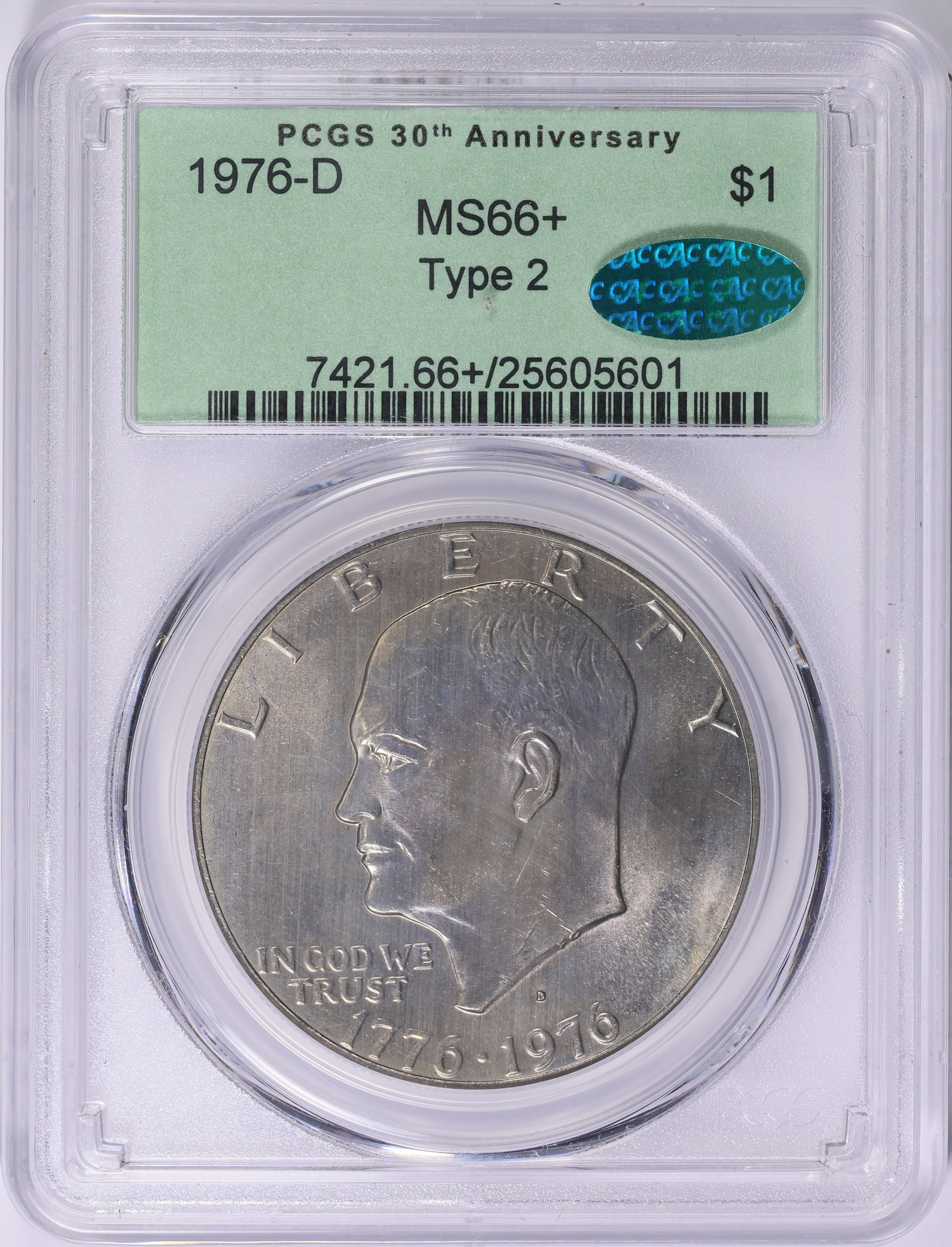 1976-D Eisenhower Dollar Type 2 PCGS MS-66+ (CAC Green) (Toned) (OGH 30th Anniversary Label ...