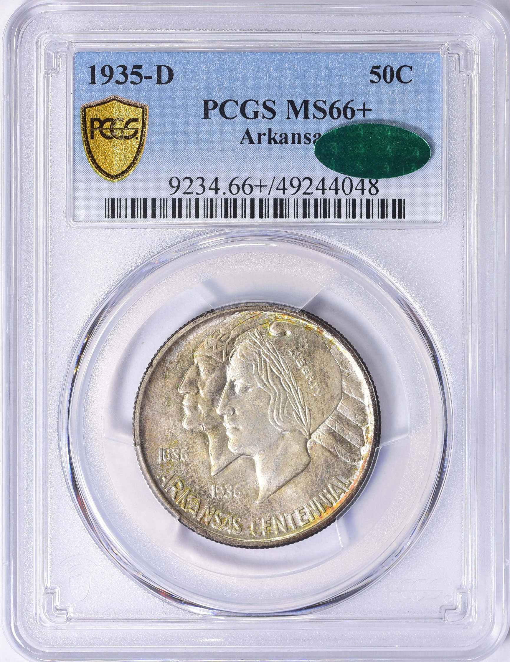 1935-D Arkansas Centennial Half Dollar PCGS MS-66+ (CAC Green) (Toned ...
