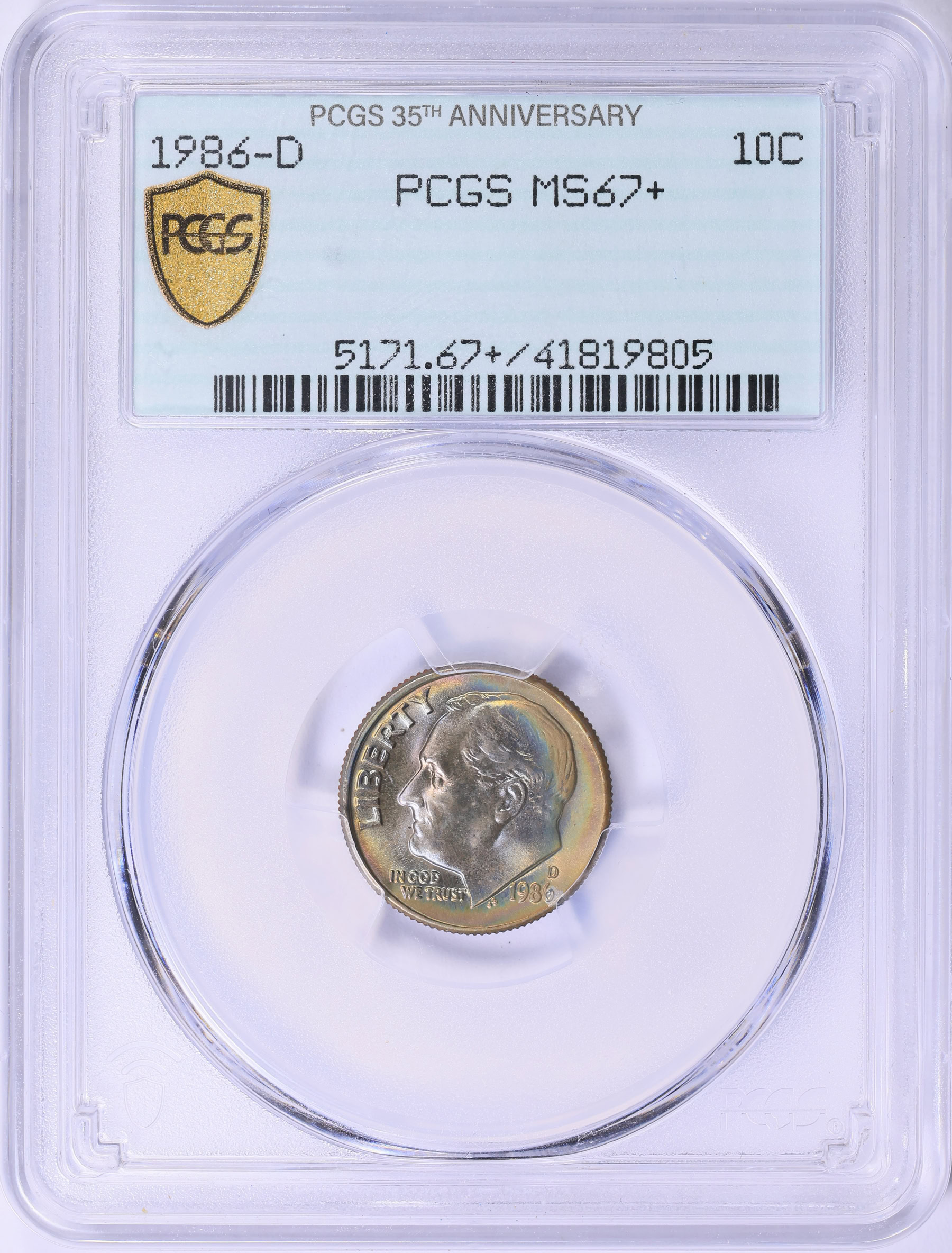 1986-D Roosevelt Dime PCGS MS-67+ (OGH 35th Anniversary Label) (Toned ...