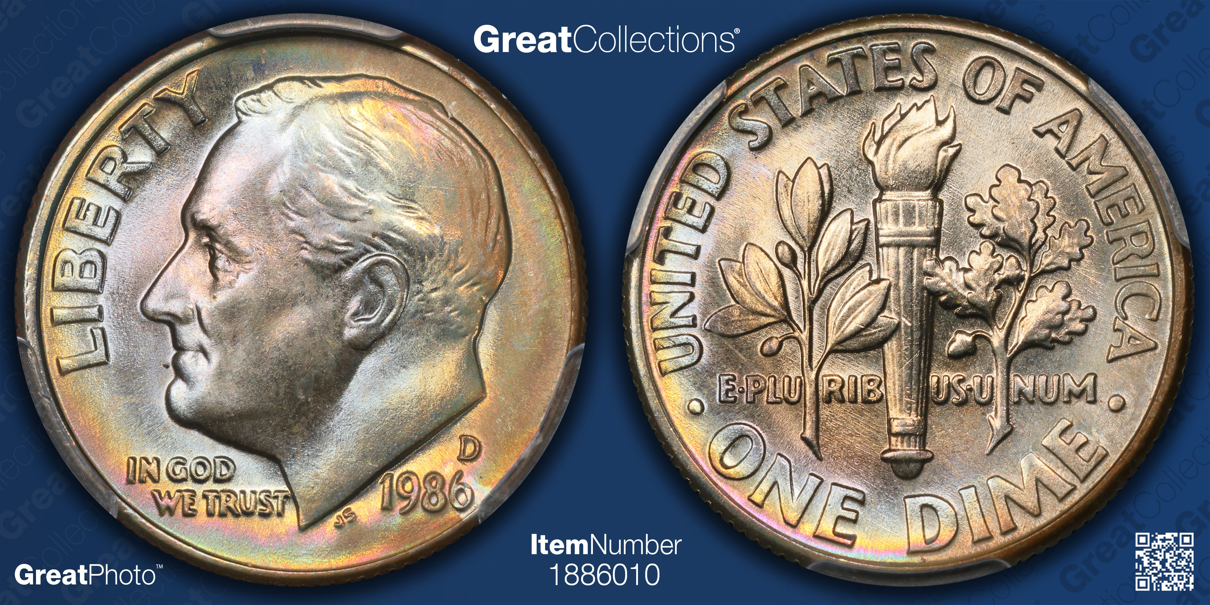 1986-D Roosevelt Dime PCGS MS-67+ (OGH 35th Anniversary Label) (Toned ...