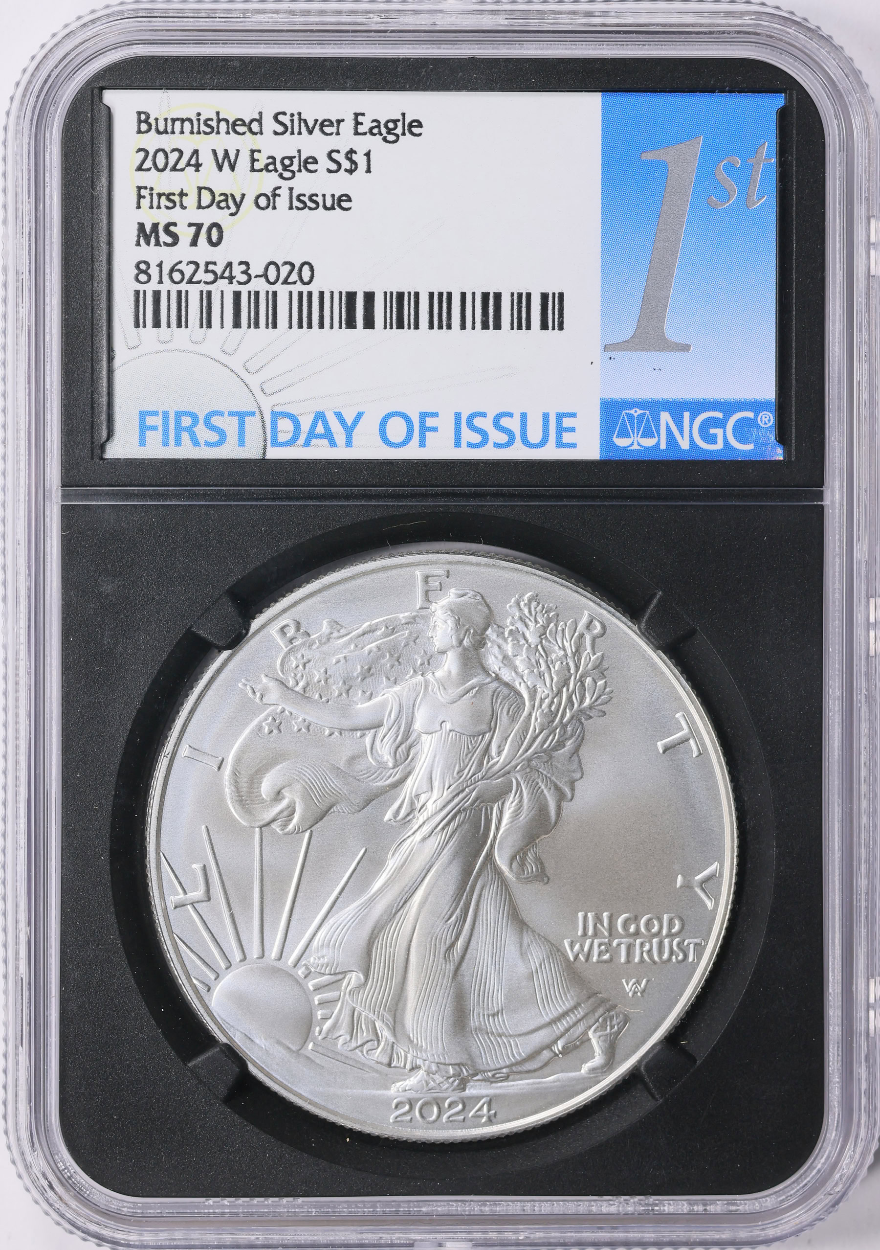 2024-W $1 Silver Eagle Burnished First Day of Issue NGC MS-70 (Black Retro Holder) | NGC Cert ...