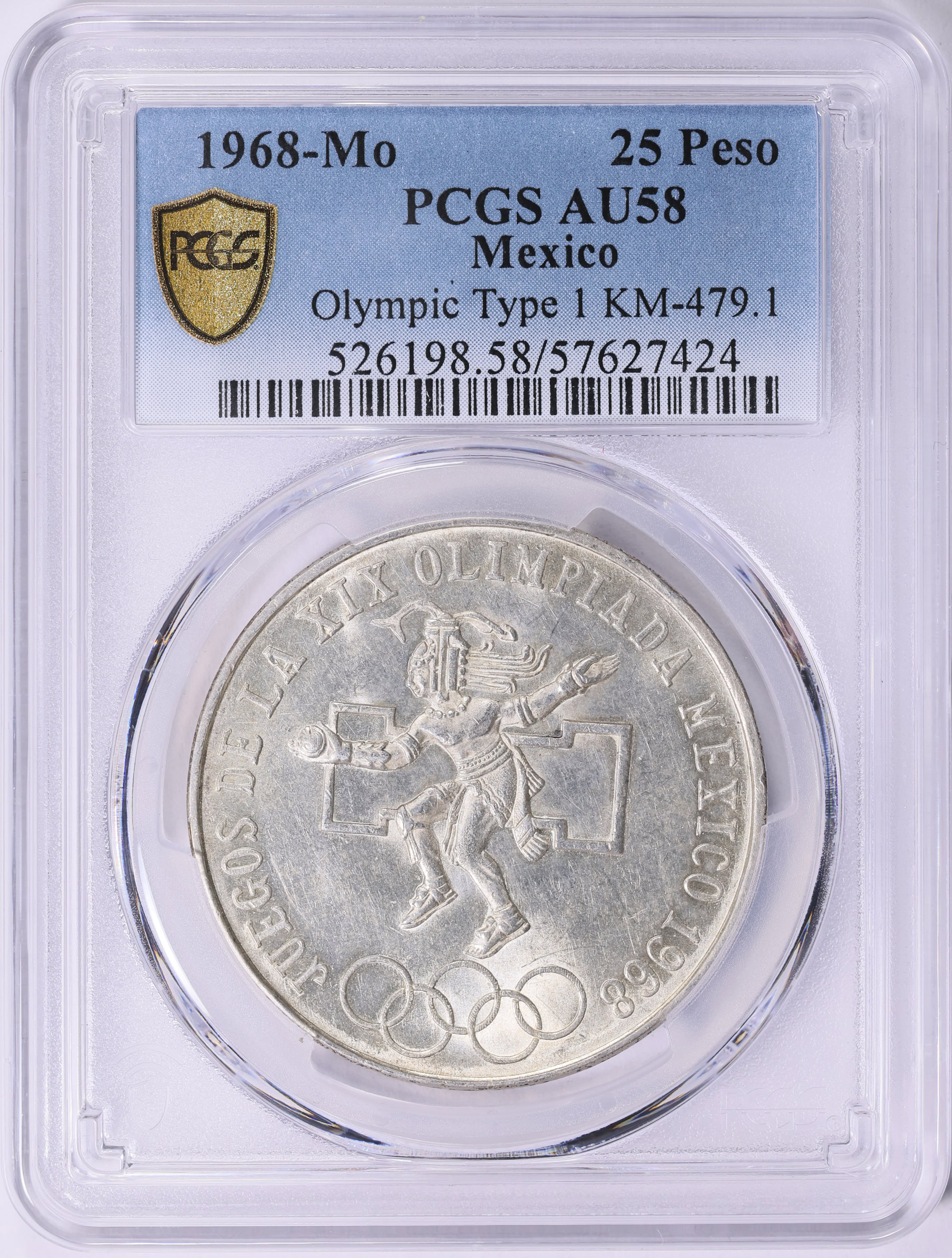 Mexico 1968-Mo Silver 25 Pesos Olympics Type 1 KM-479.1 PCGS AU-58 ...