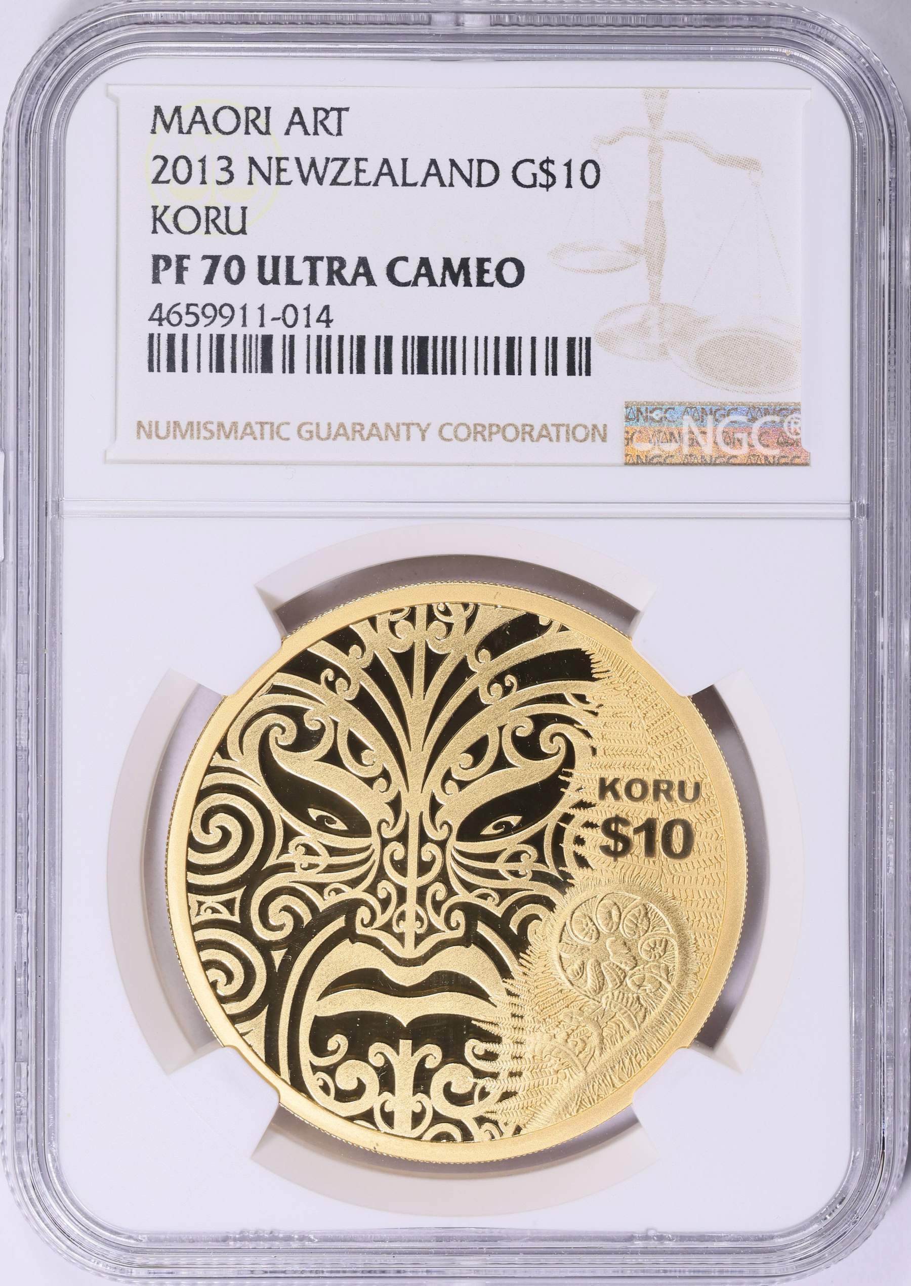 New Zealand 2013 Gold $10 Maori Art, Koru NGC Proof-70 UC (AGW = 0.999 ...