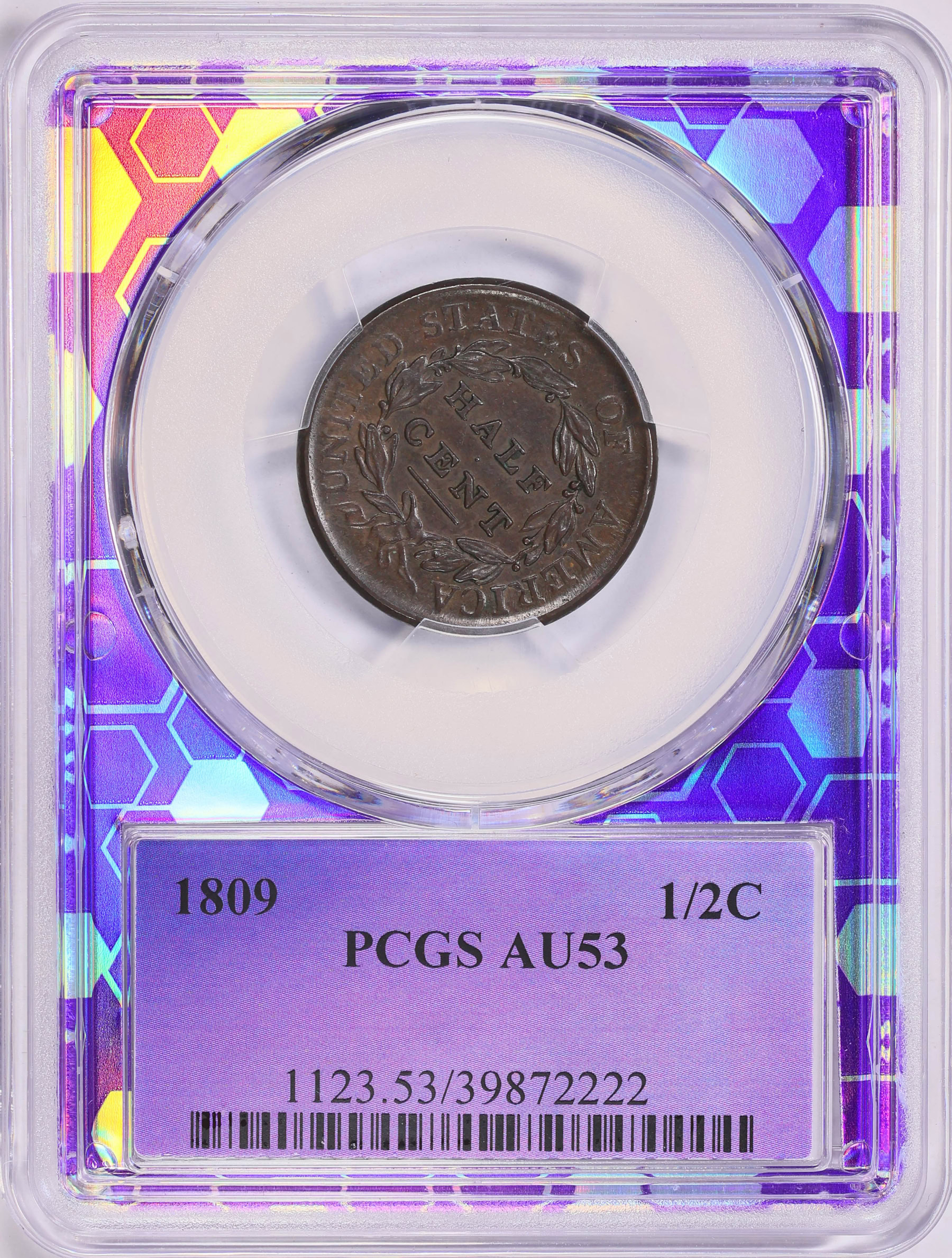 1809 Classic Half Cent PCGS AU-53 BN (Holographic Bee Frame Holder) (Item 1887211 ...