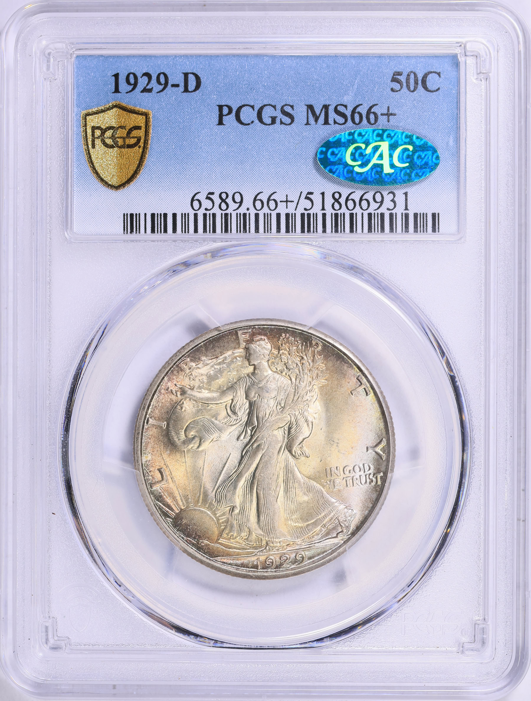 1929-D Walking Liberty Half Dollar PCGS MS-66+ (CAC Green) (Toned) (Item 1887707 ...