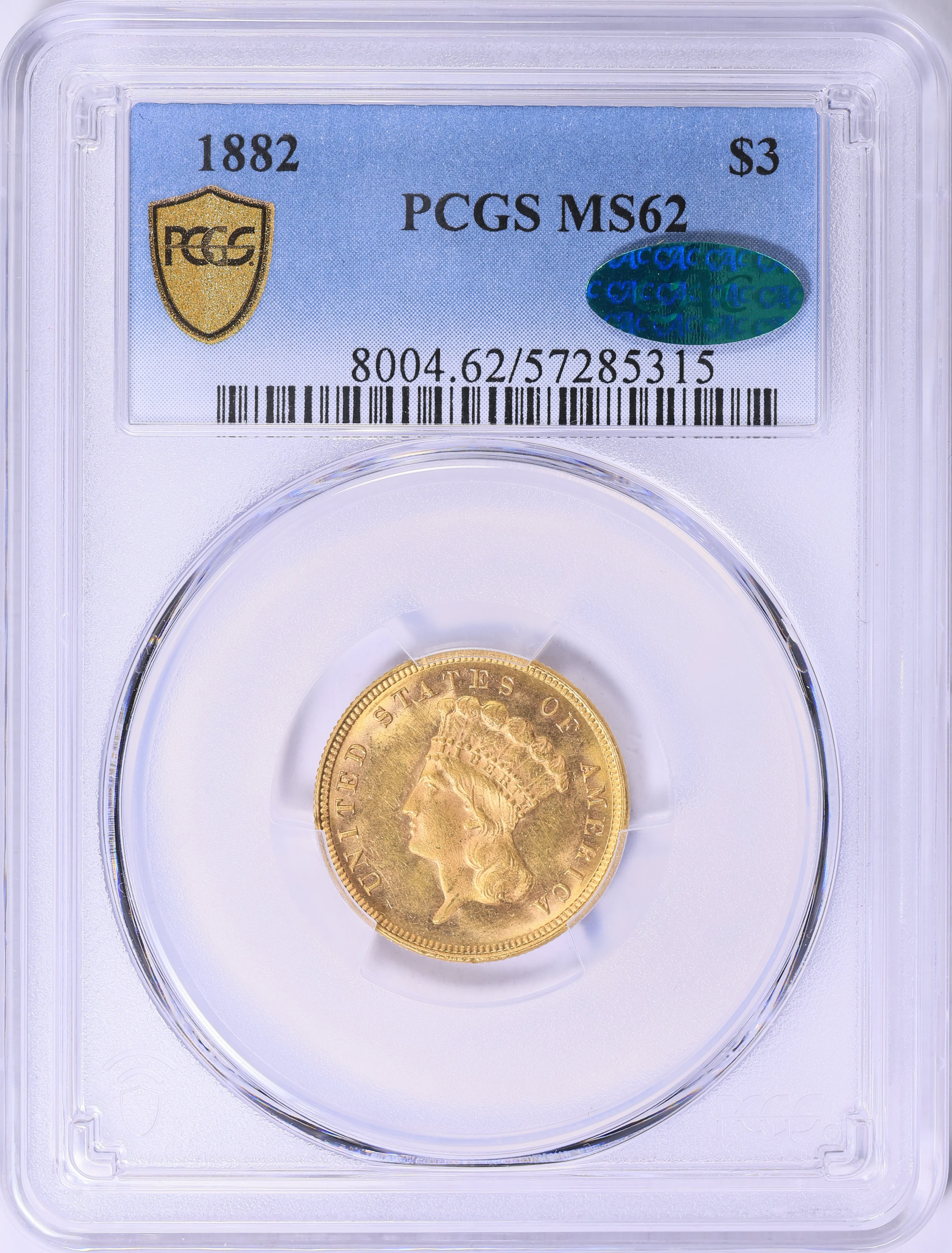 1882 Three-Dollar Gold Piece PCGS MS-62 (CAC Green) (Item 1889044 ...