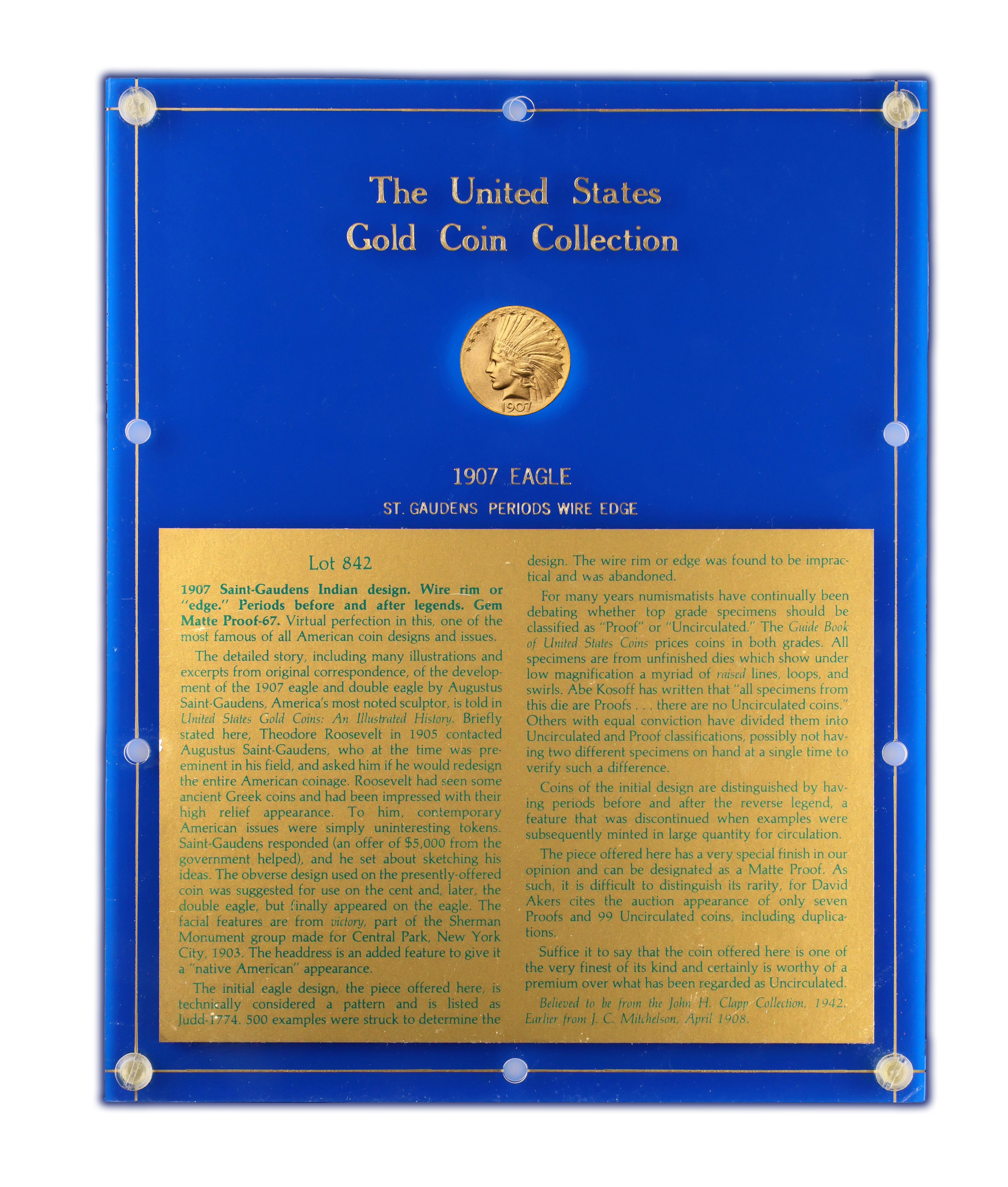 1907 Indian Gold Eagle Wire Edge PCGS MS-65+ (Eliasberg Collection ...