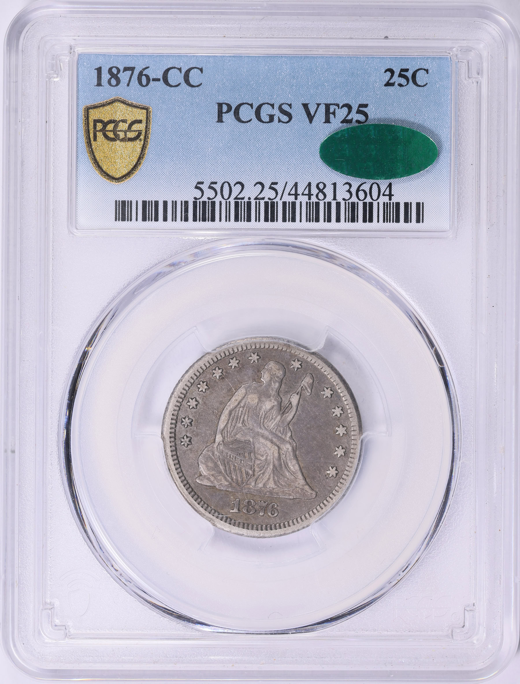 1876-CC Seated Liberty Quarter PCGS VF-25 (CAC Green) (Item 1889106) | GreatCollections Coin ...
