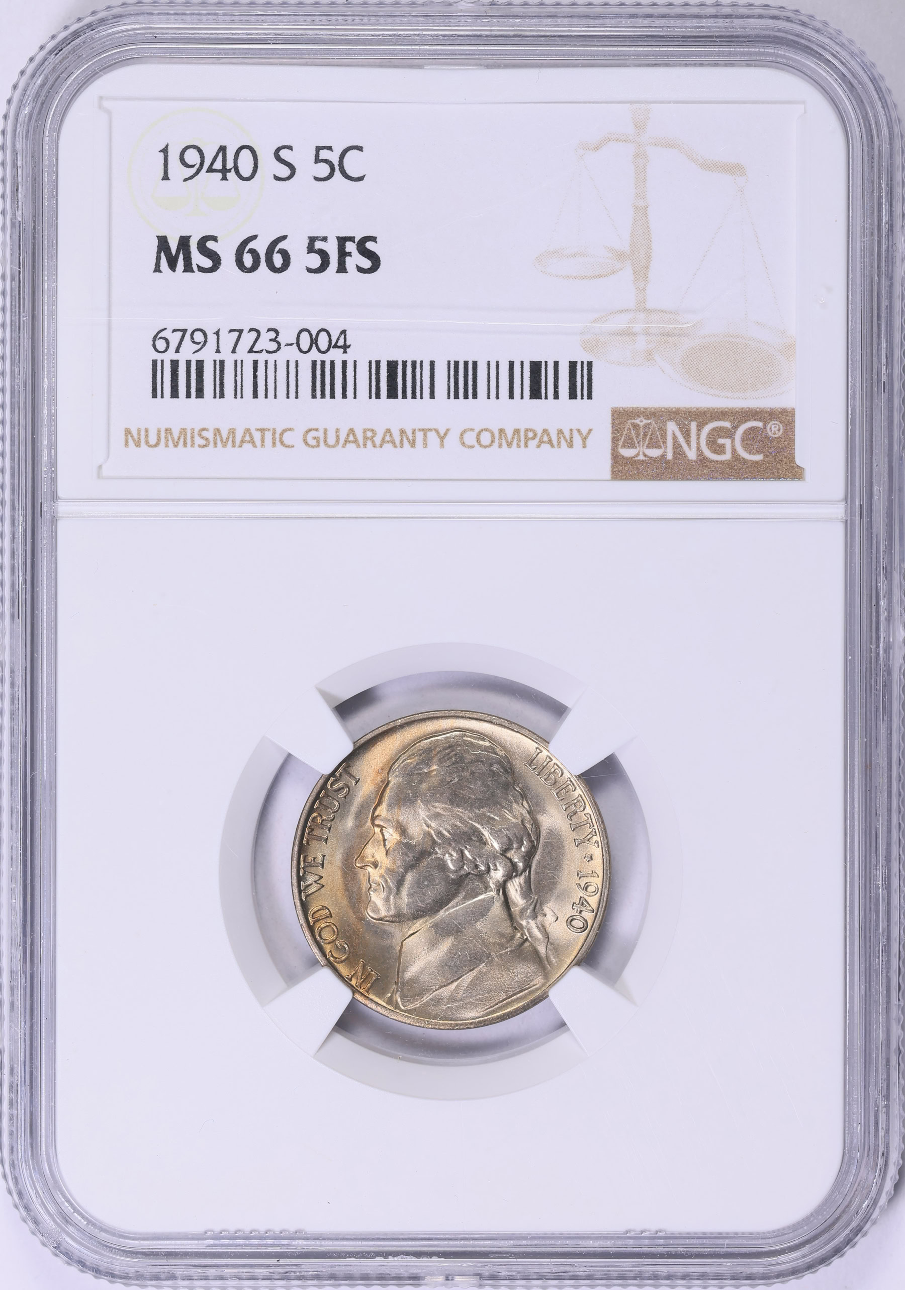 1940-S Jefferson Nickel NGC MS-66 FS (Toned) (Item 1889666) | GreatCollections Coin Auctions