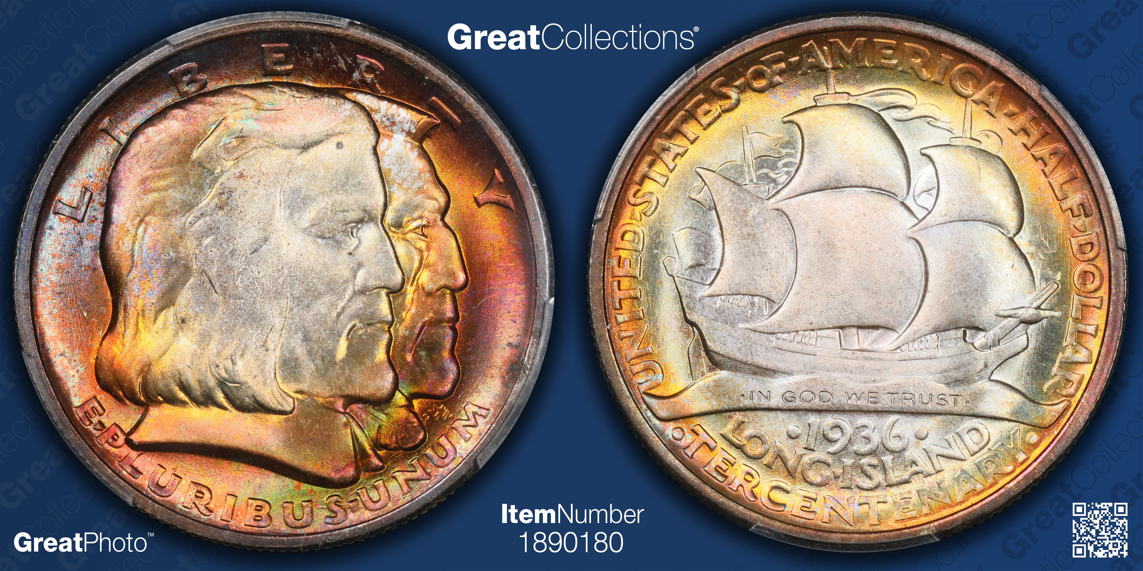 1936 Long Island Tercentenary Half Dollar PCGS MS-67+ (Toned) (San ...