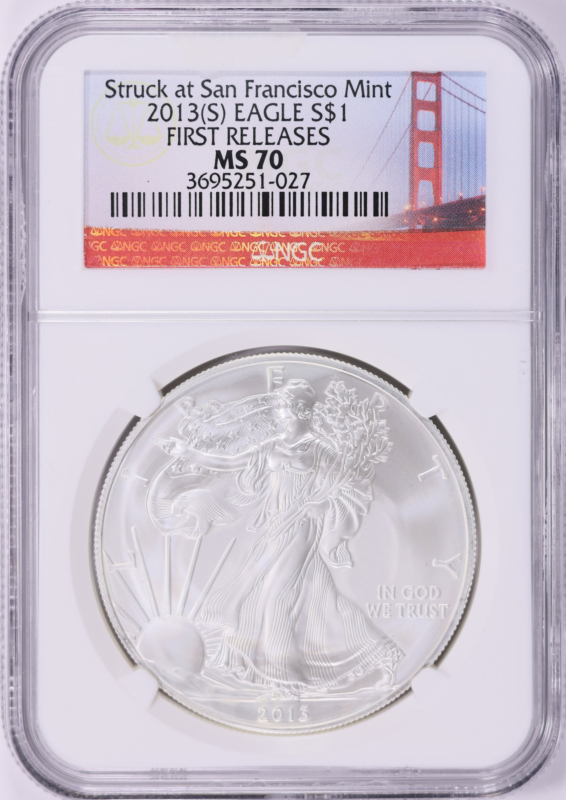 2013-(S) $1 Silver Eagle First Releases Struck at San Francisco NGC MS-70 (Golden Gate Bridge ...