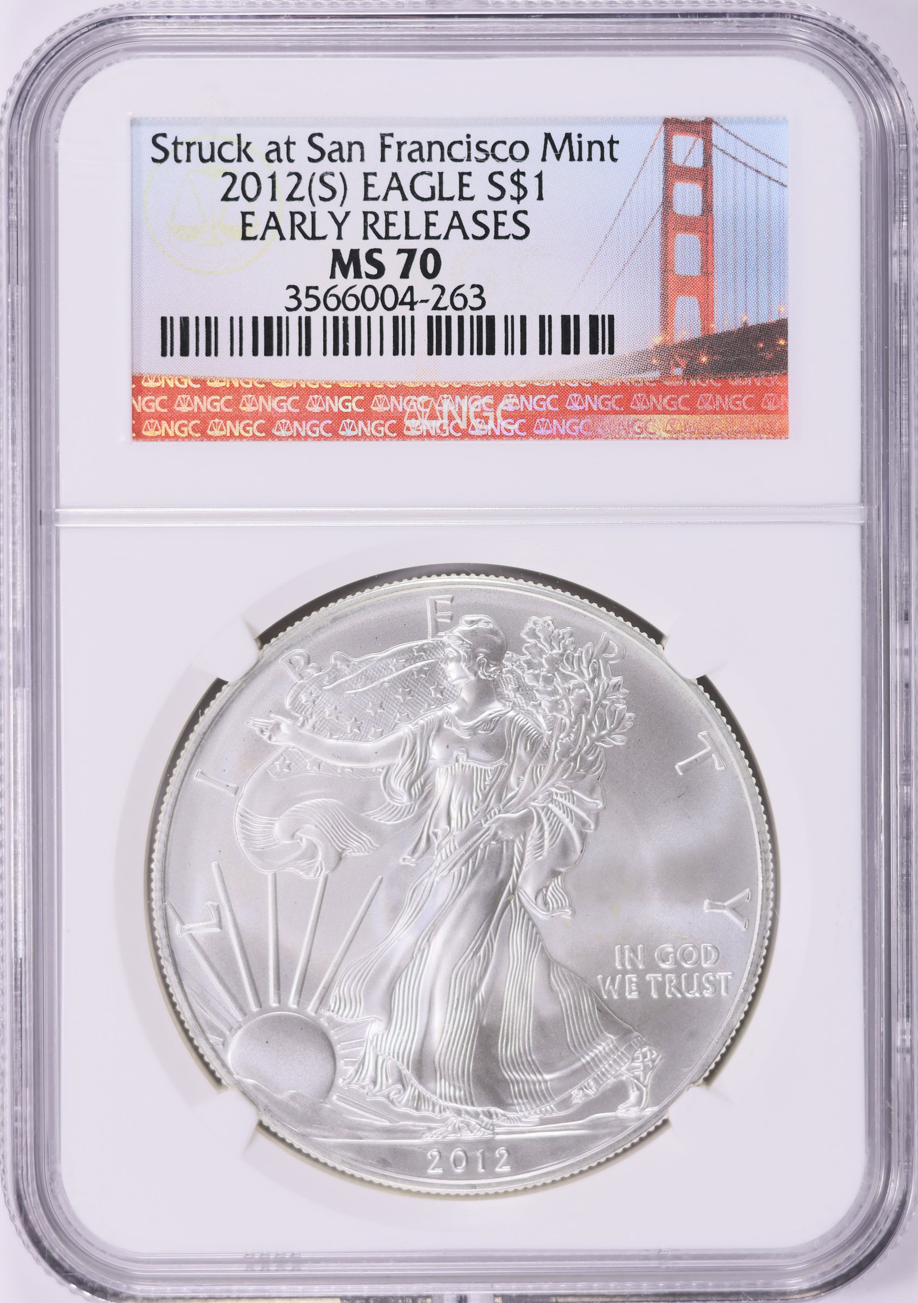 2012-(S) $1 Silver Eagle Early Releases Struck at San Francisco NGC MS-70 (Golden Gate Bridge ...