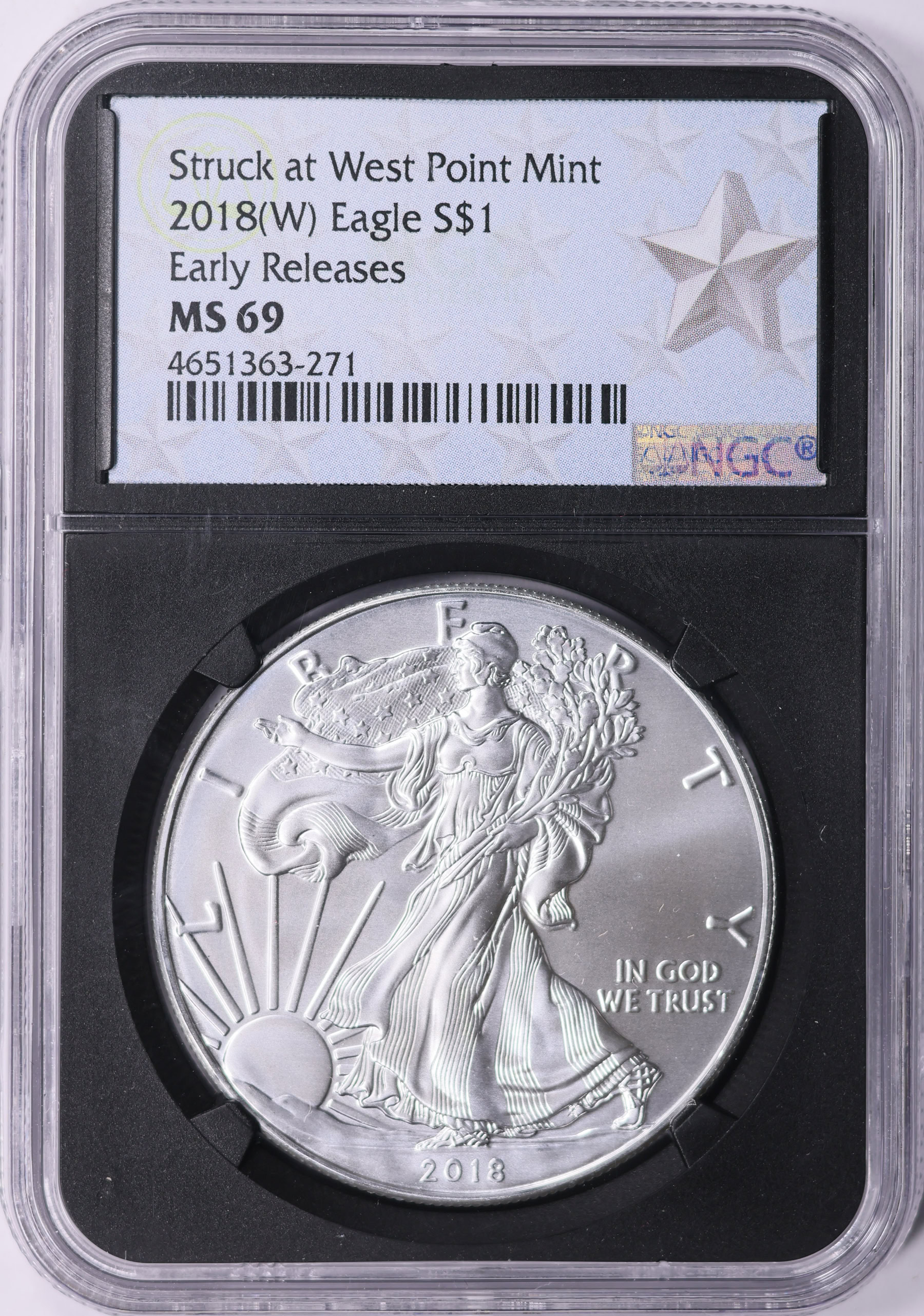 2018-(W) $1 Silver Eagle Early Releases Struck at West Point Mint NGC MS-69 (West Point Star ...